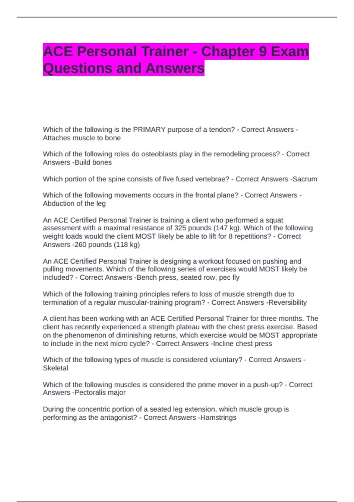 ACE Personal Trainer - Chapter 9 Exam Questions and Answers - ACE ...