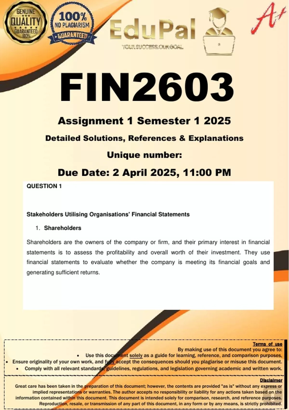 Fin2603 Assignment 1 Complete Answers Semester 1 2025 Due 2 April