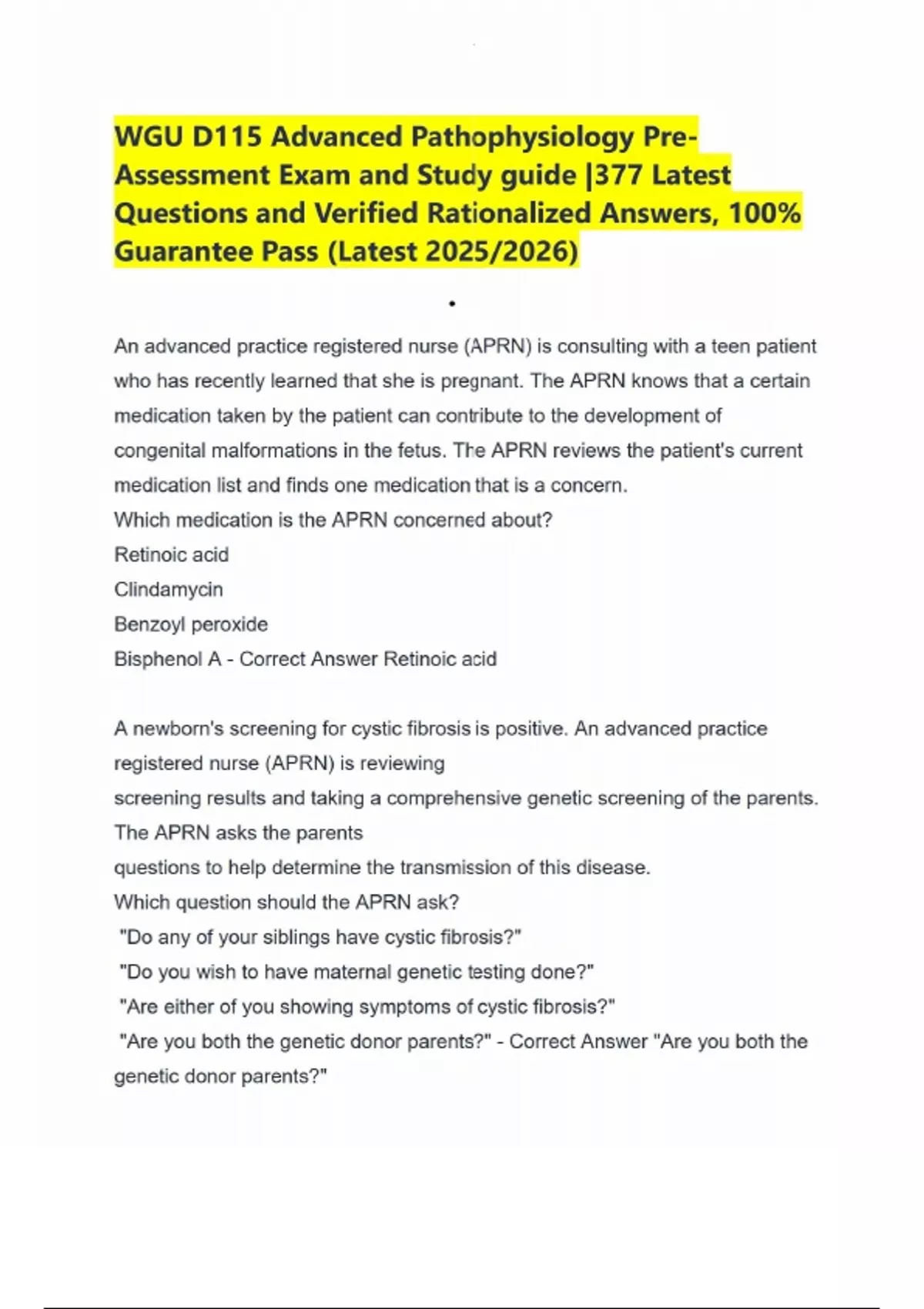 WGU D115 Advanced Pathophysiology Exams Package Deal (Latest 2025 / ...