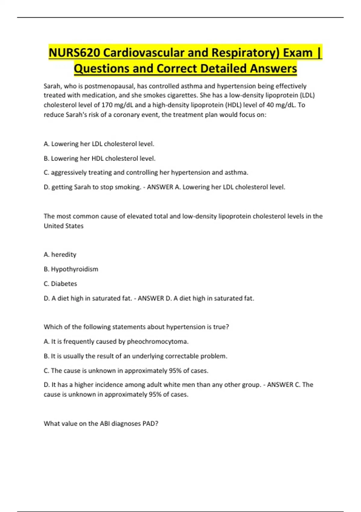 NURS620 Cardiovascular and Respiratory) Exam | Questions and Correct ...