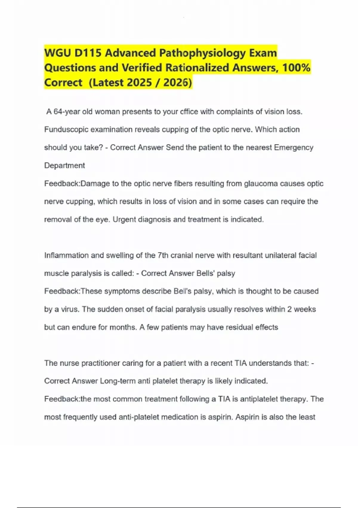 WGU D115 Advanced Pathophysiology Exam Questions and Verified Rationalized Answers, 100% Correct ...