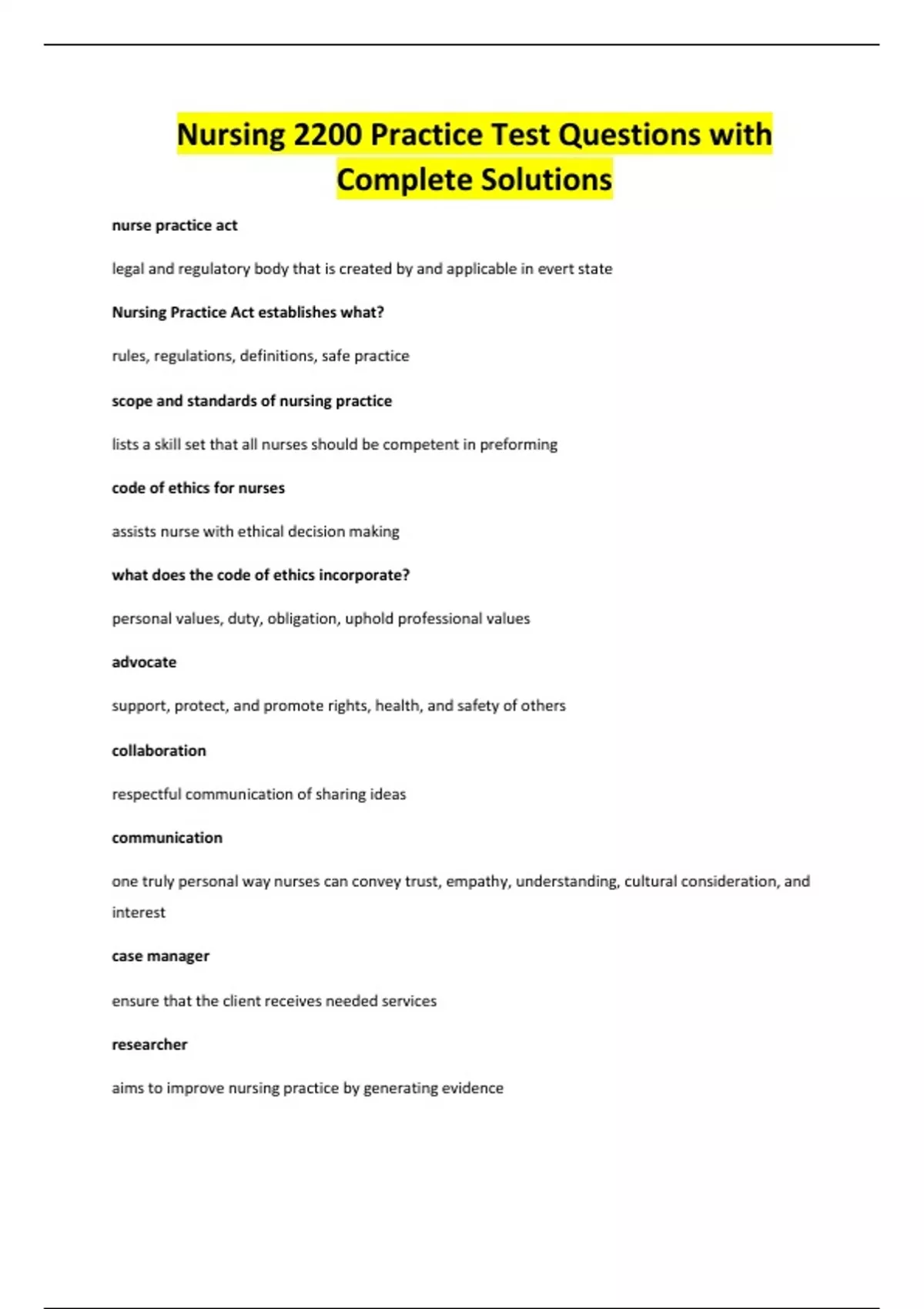 Nursing 2200 Practice Test Questions with Complete Solutions - Nursing ...
