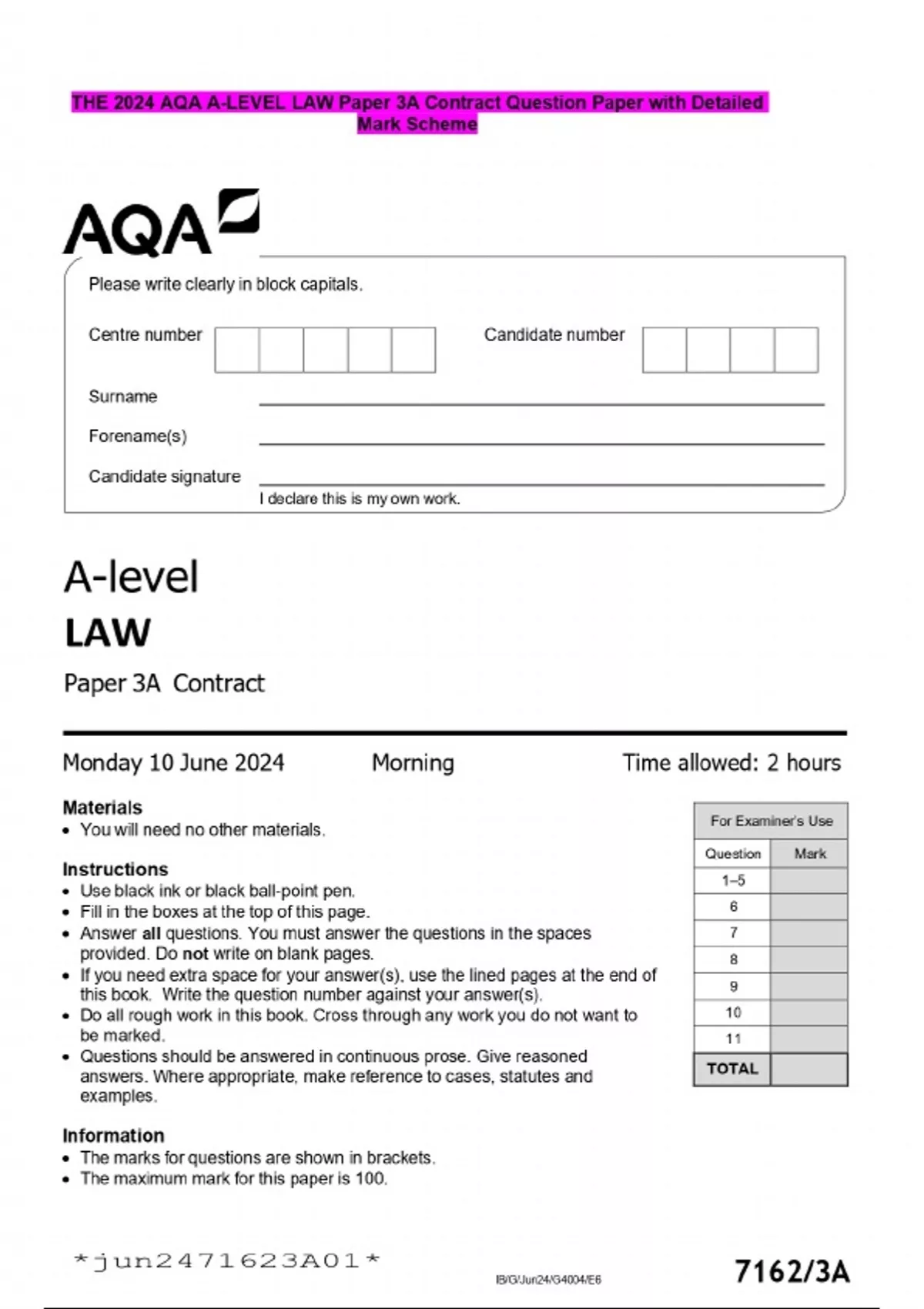 THE 2024 AQA A-LEVEL LAW Paper 3A Contract Question Paper with Detailed ...