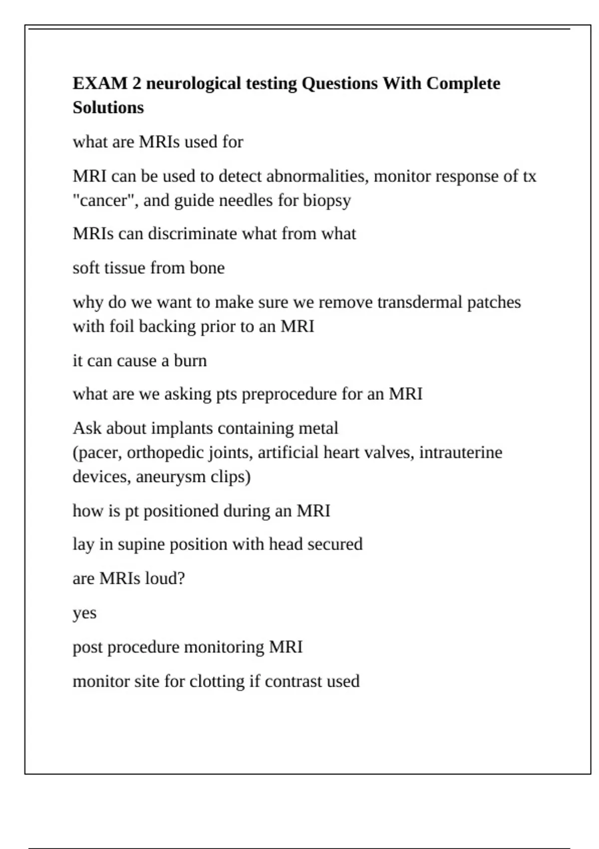 EXAM 2 neurological testing Questions With Complete Solutions ...