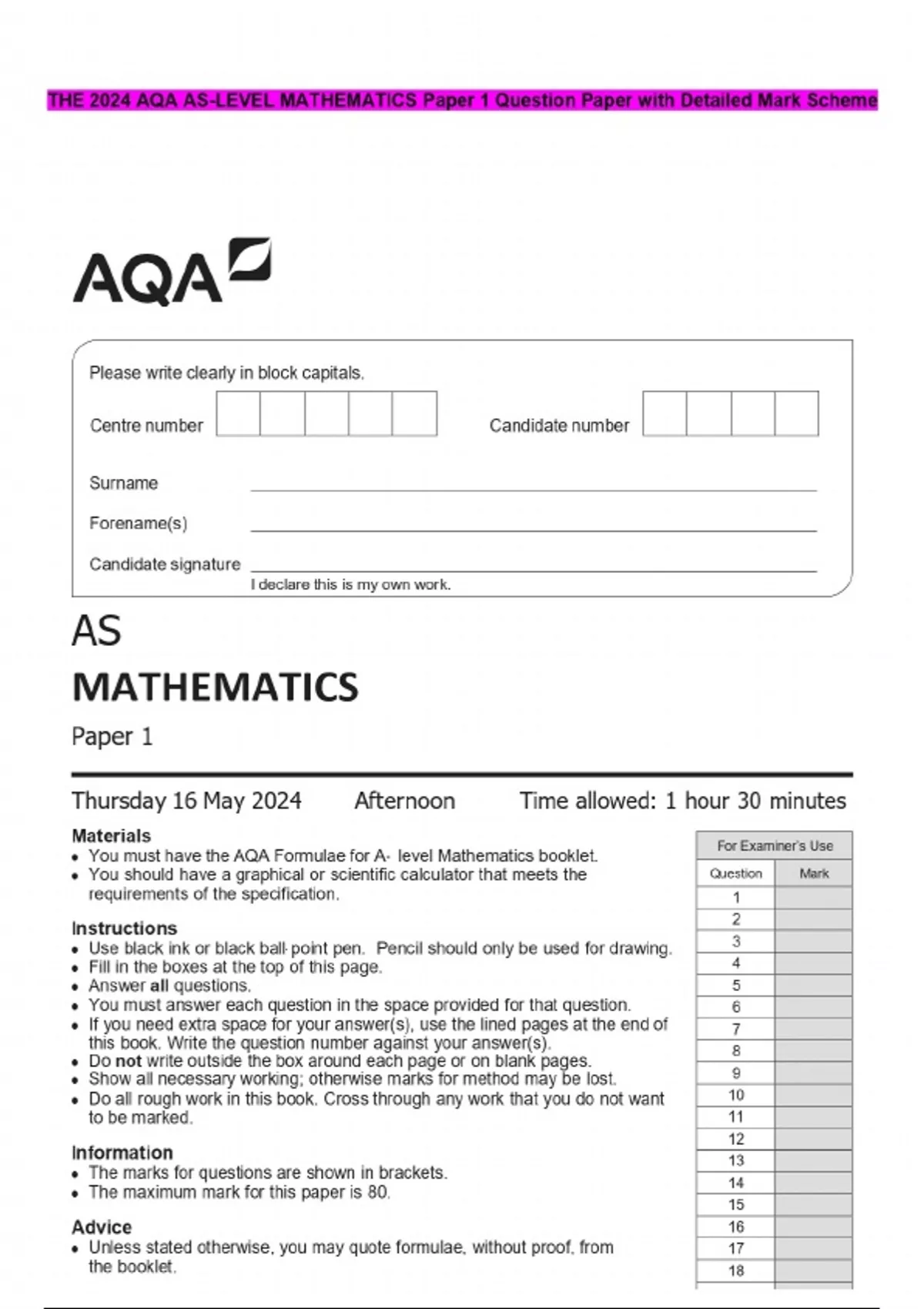 THE 2024 AQA AS-LEVEL MATHEMATICS Paper 1 Question Paper with Detailed Mark Scheme - AQA - Stuvia US