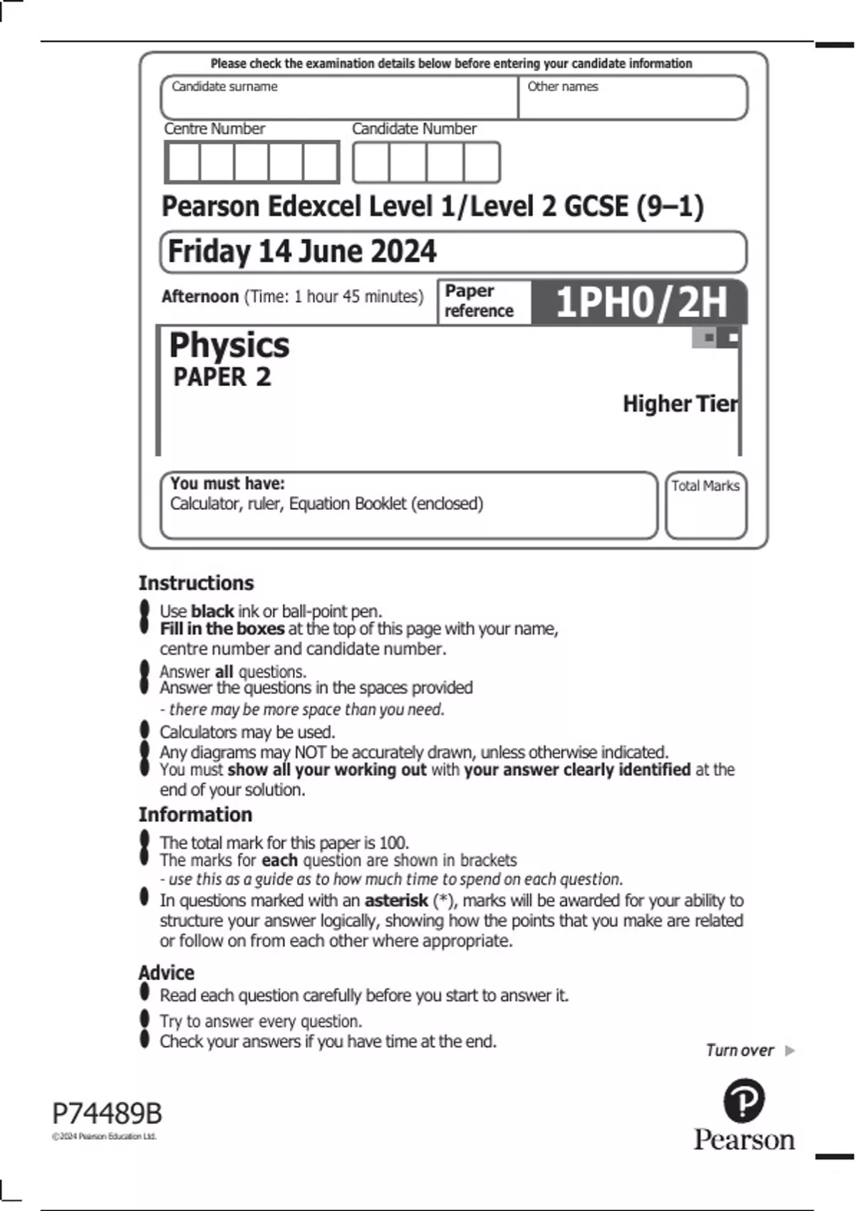 Pearson Edexcel Level 1/Level 2 GCSE physics 1PHO/2H PAPER 2 HIGHER ...