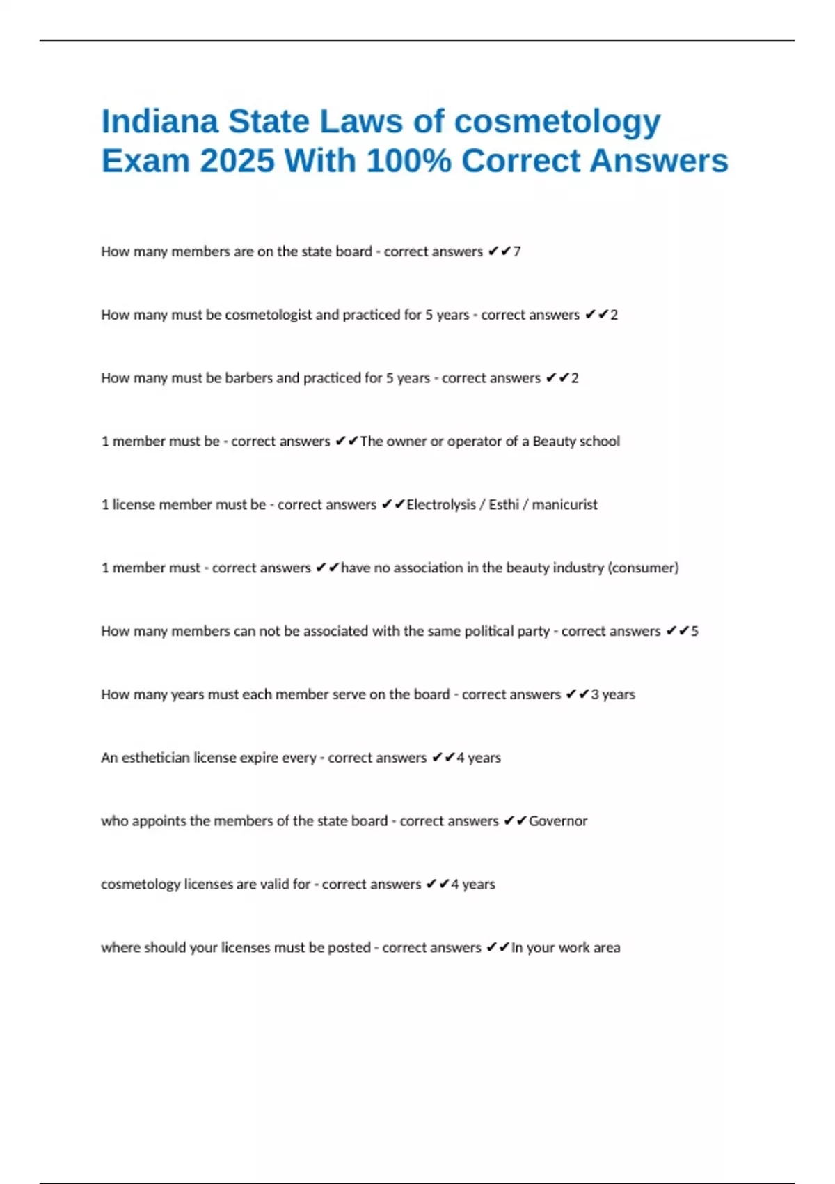 Indiana State Laws of cosmetology Exam 2025 With 100% Correct Answers ...