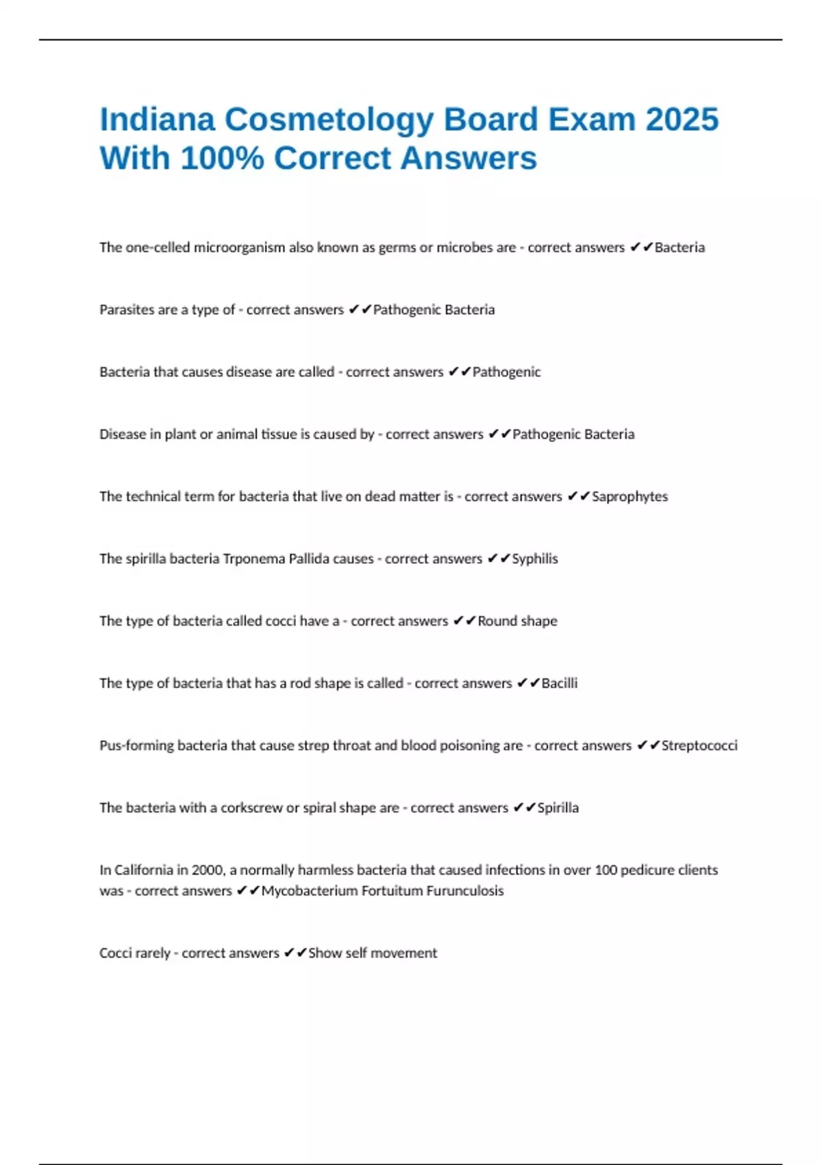 Indiana Cosmetology Board Exam 2025 With 100% Correct Answers - Indiana ...