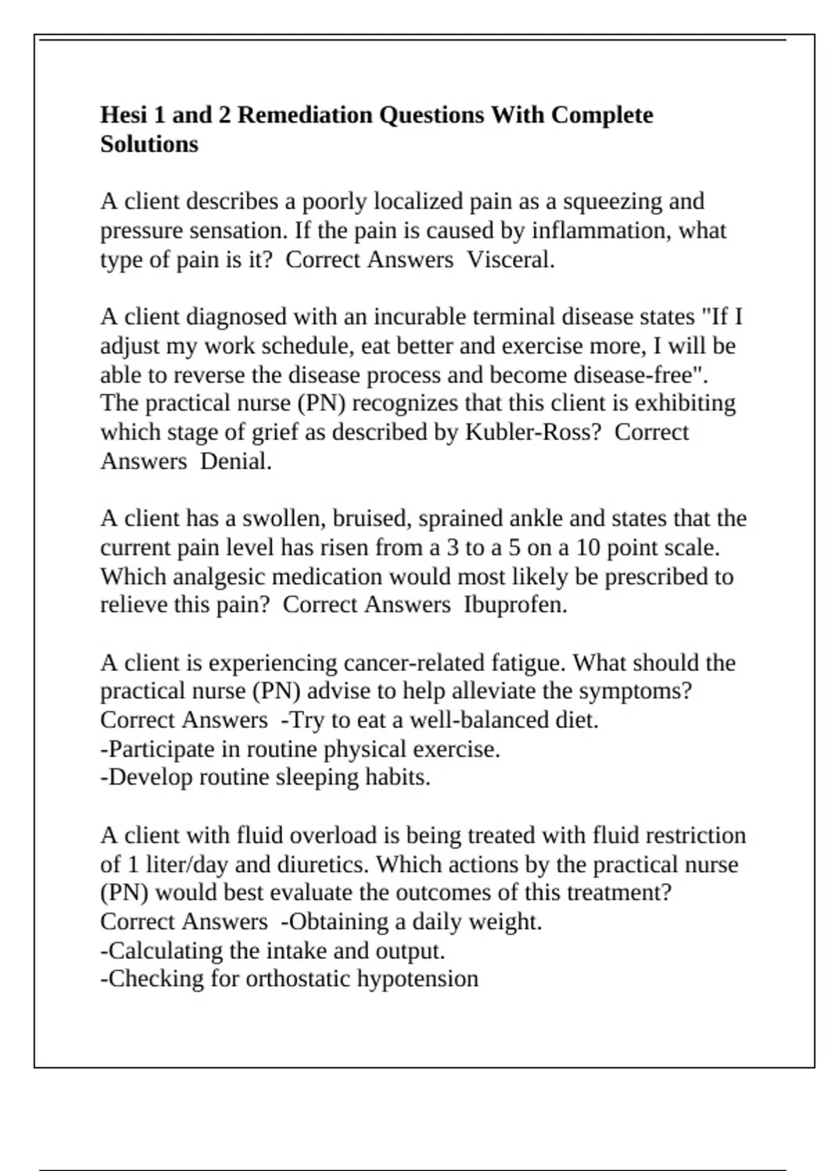 Hesi 1 and 2 Remediation Questions With Complete Solutions - Hesi ...