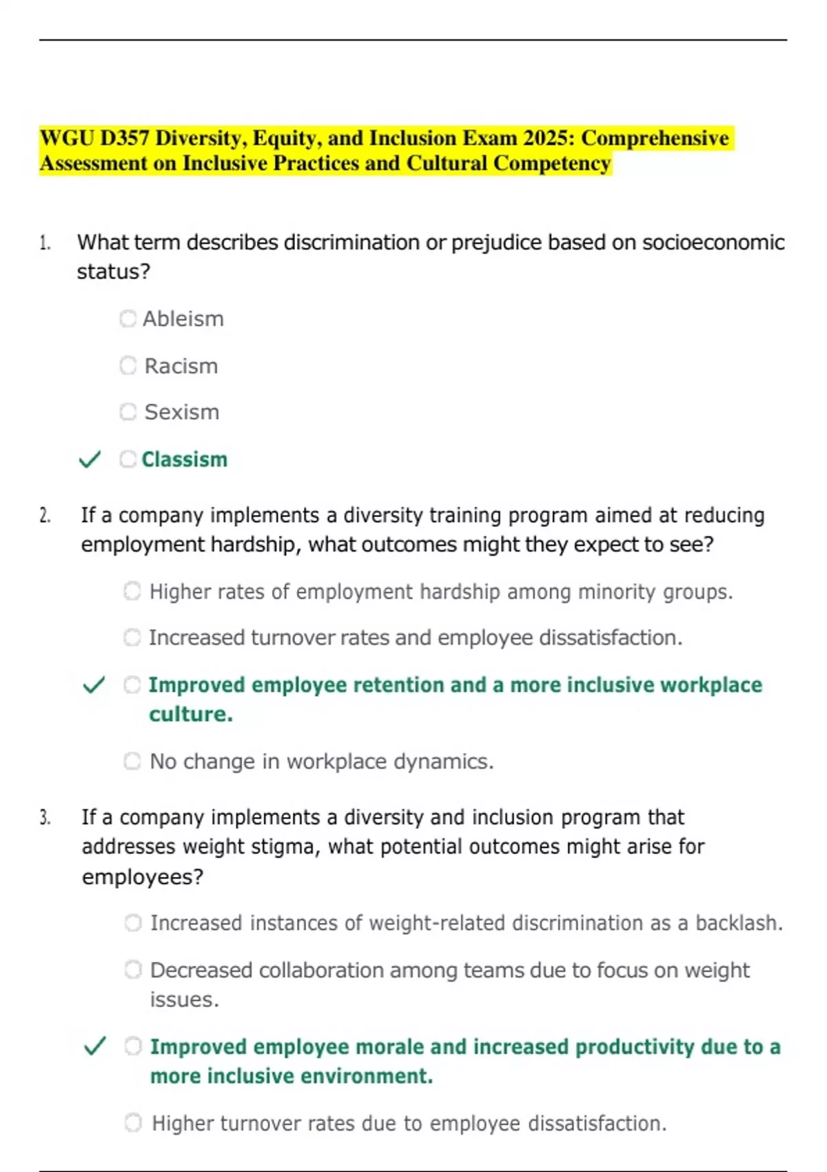 WGU D357 Diversity, Equity, and Inclusion Exam 2025: Comprehensive ...