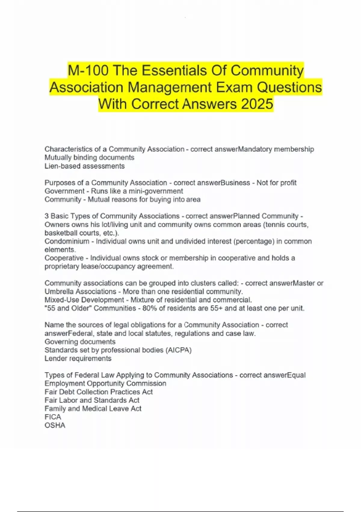 M-100 The Essentials Of Community Association Management Exam Questions ...