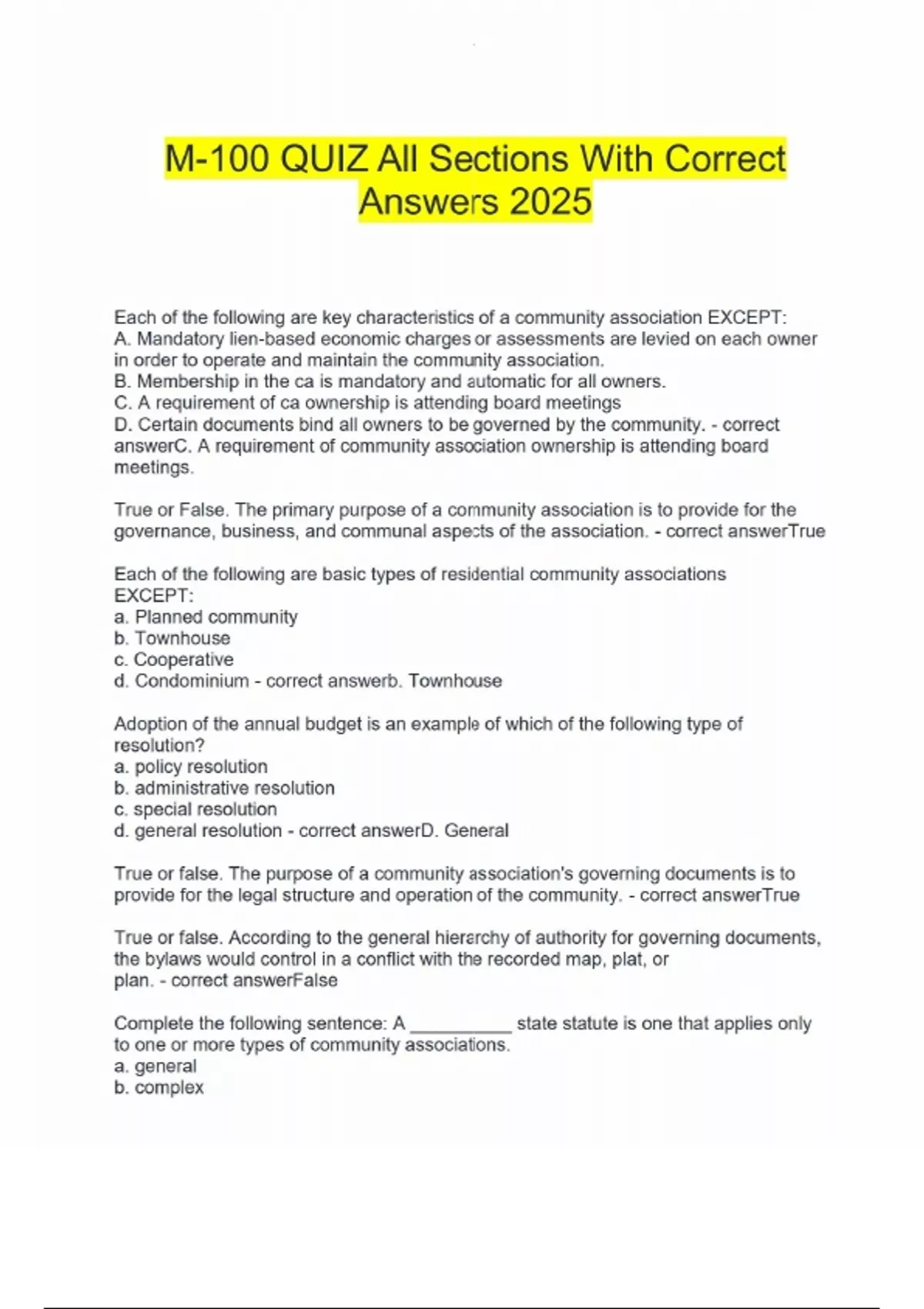 M-100 QUIZ All Sections With Correct Answers 2025 - M-100 - Stuvia US