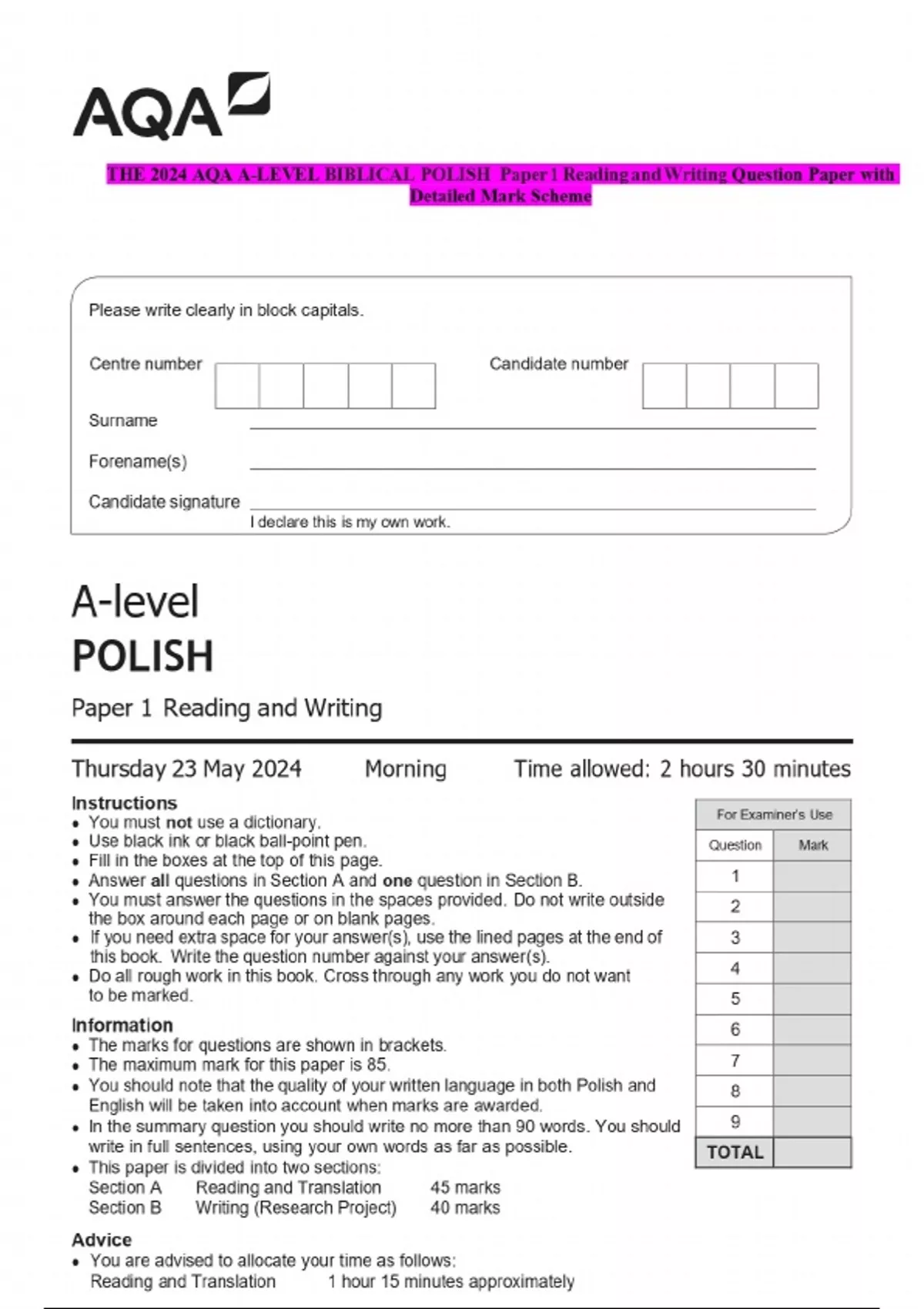 THE 2024 AQA A-LEVEL BIBLICAL POLISH Paper 1 Reading and Writing ...