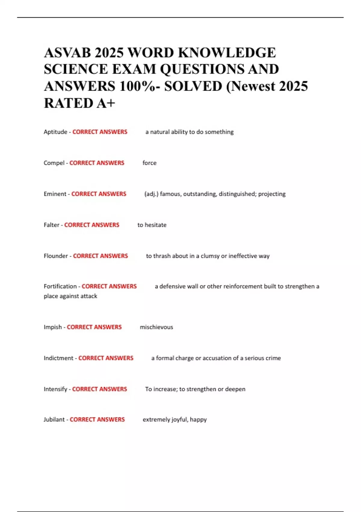 ASVAB 2025 WORD KNOWLEDGE SCIENCE EXAM QUESTIONS AND ANSWERS 100% ...