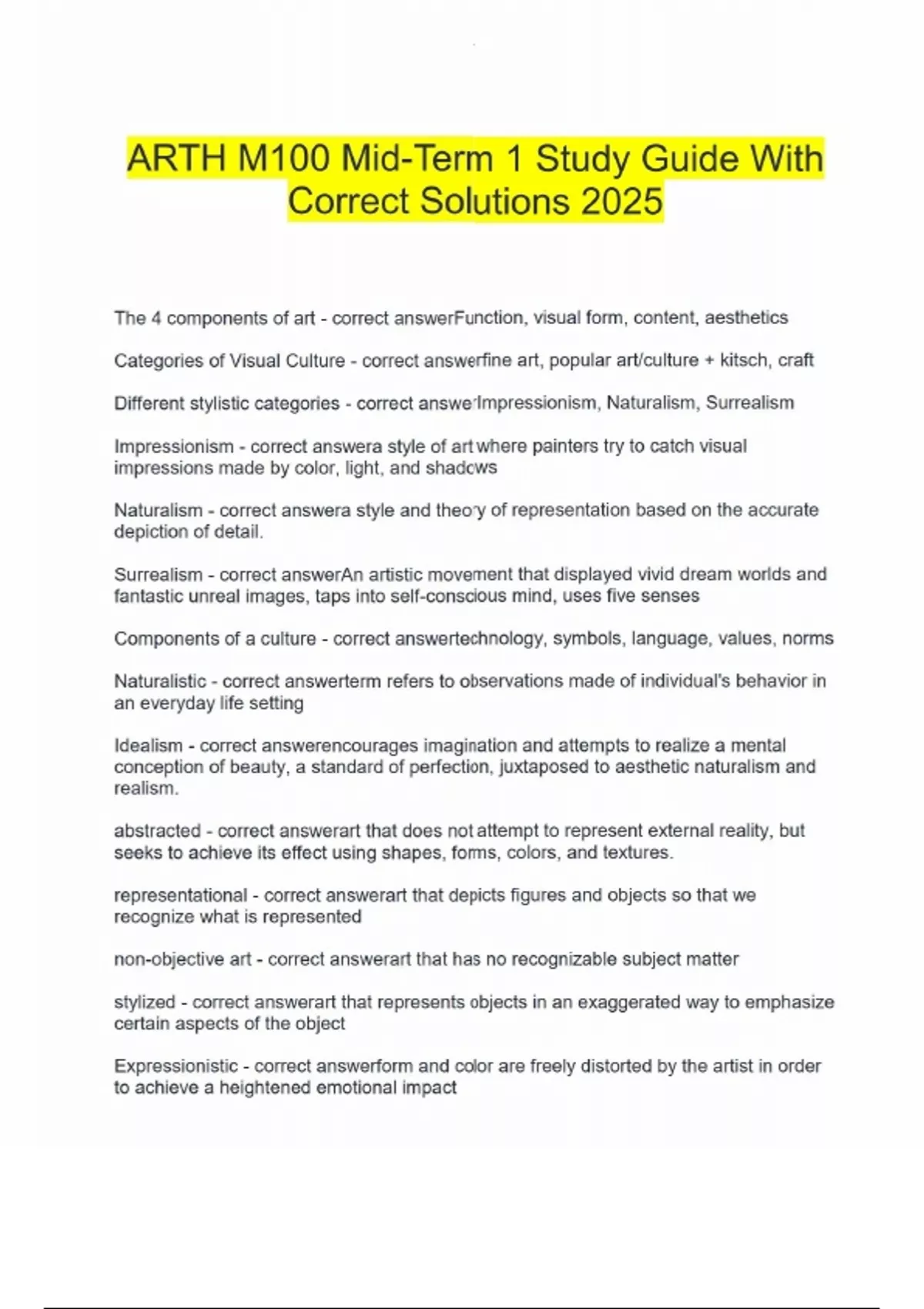 ARTH M100 Mid-Term 1 Study Guide With Correct Solutions 2025 - ARTH ...