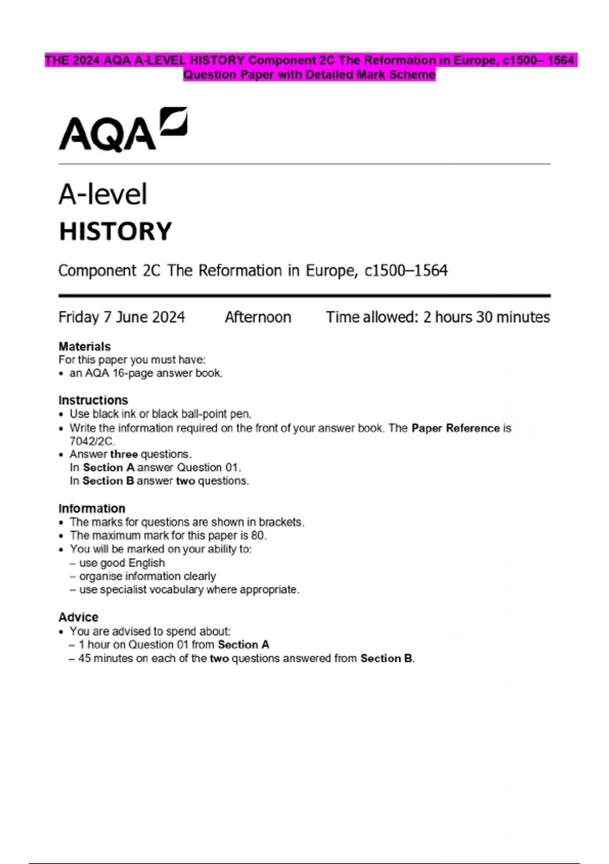 THE 2024 AQA A-LEVEL HISTORY Component 2C The Reformation in Europe ...