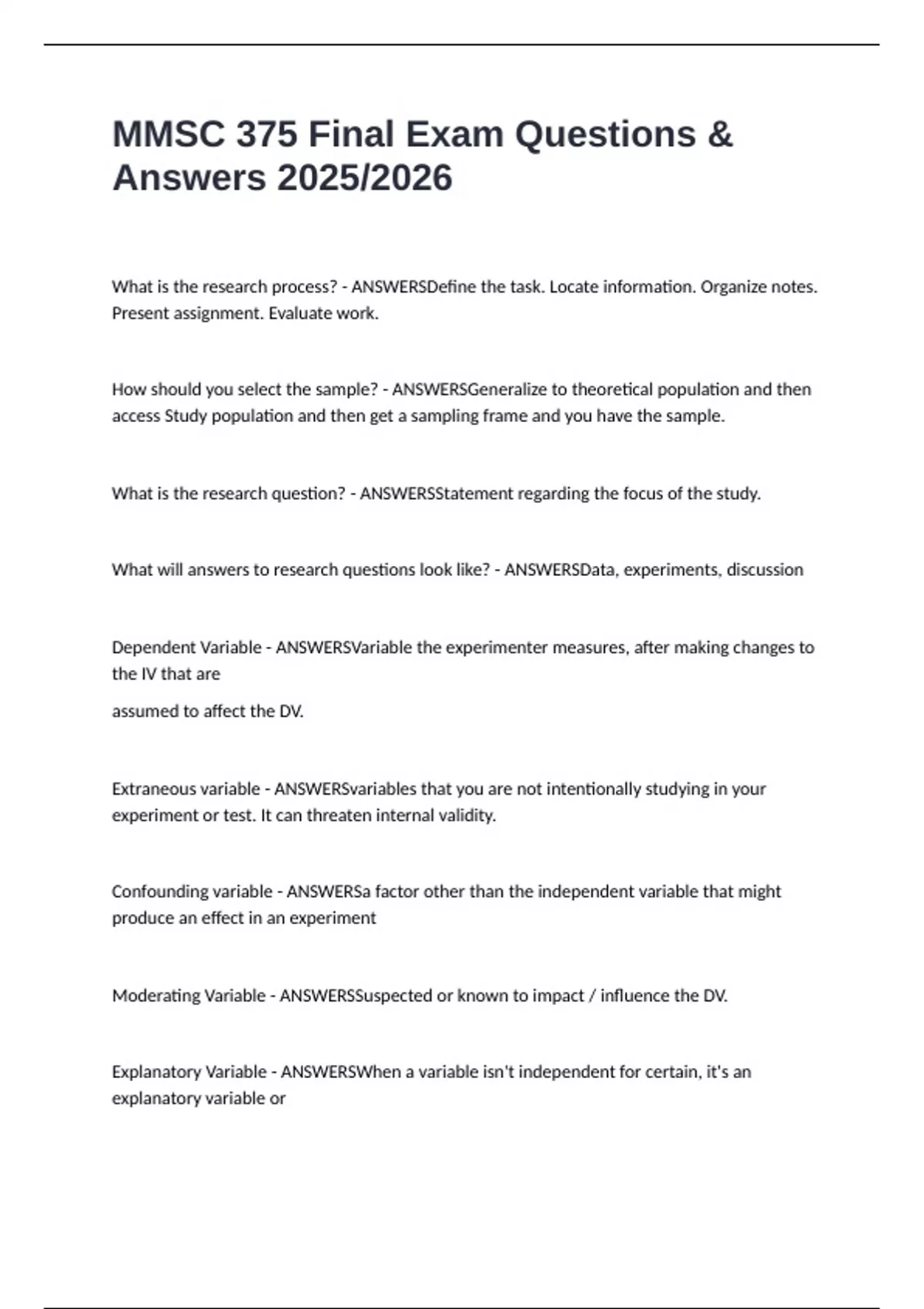 MMSC 375 Final Exam Questions & Answers 2025/2026 - MMSC 375 - Stuvia US