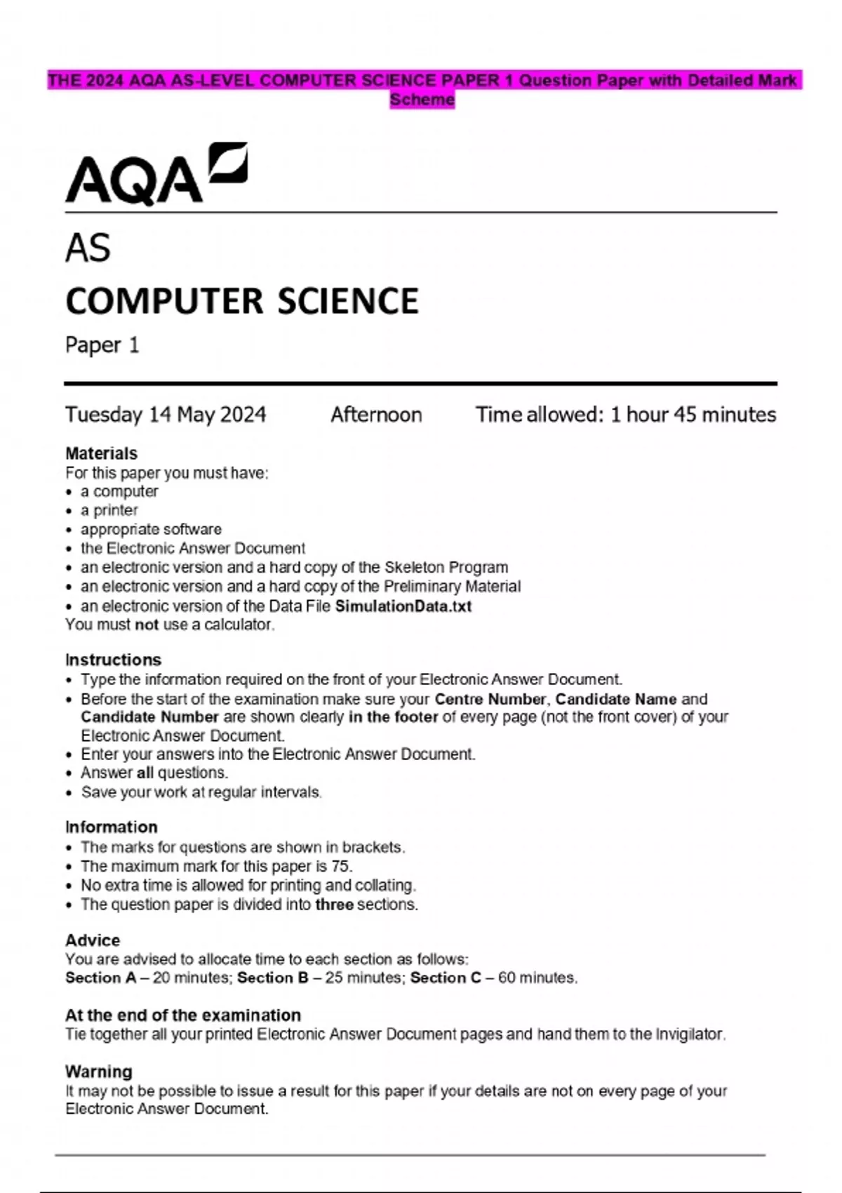 THE 2024 AQA AS-LEVEL COMPUTER SCIENCE PAPER 1 Question Paper with Detailed Mark Scheme - AQA ...