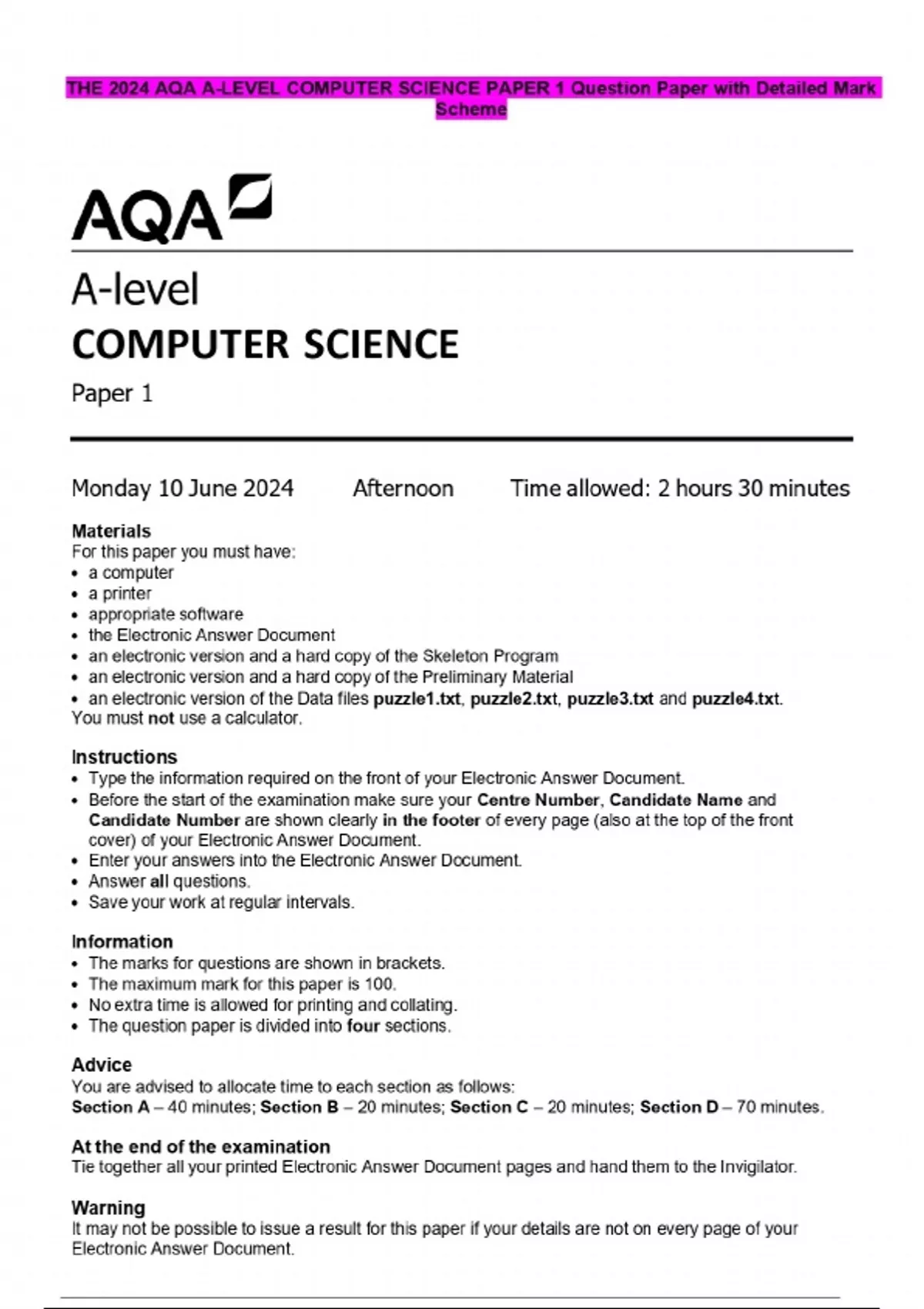 THE 2024 AQA A-LEVEL COMPUTER SCIENCE PAPER 1 Question Paper with Detailed Mark Scheme - AQA ...