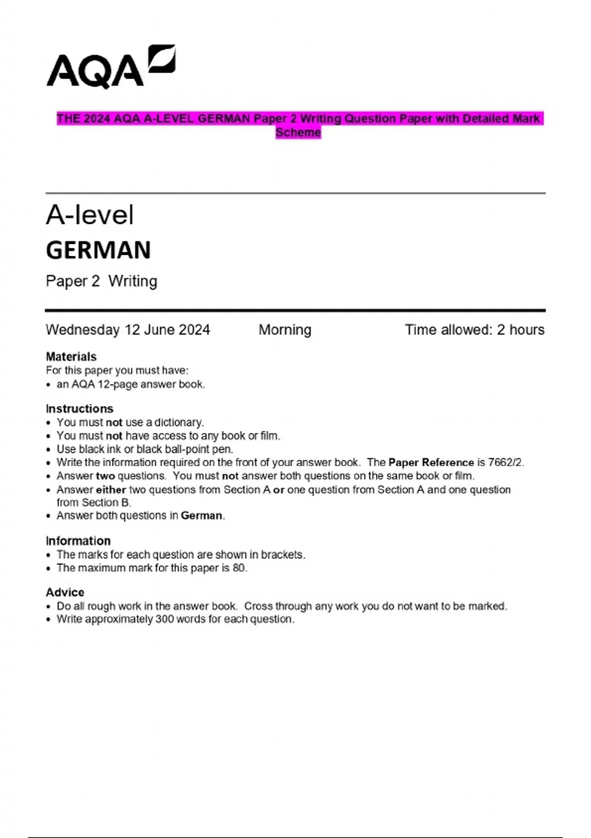 THE 2024 AQA A-LEVEL GERMAN Paper 2 Writing Question Paper with ...