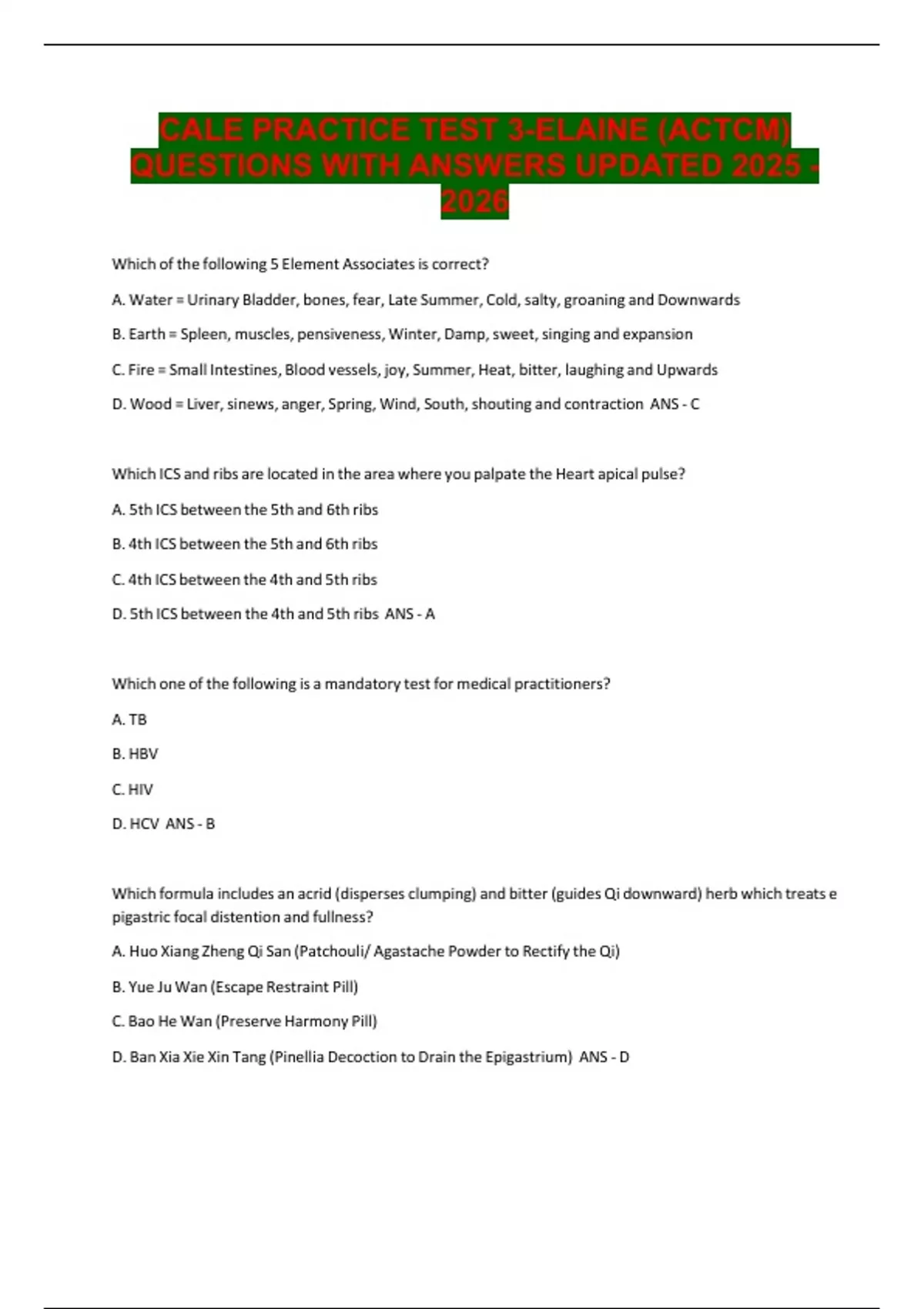 CALE PRACTICE TEST 3-ELAINE (ACTCM) QUESTIONS WITH ANSWERS UPDATED ...
