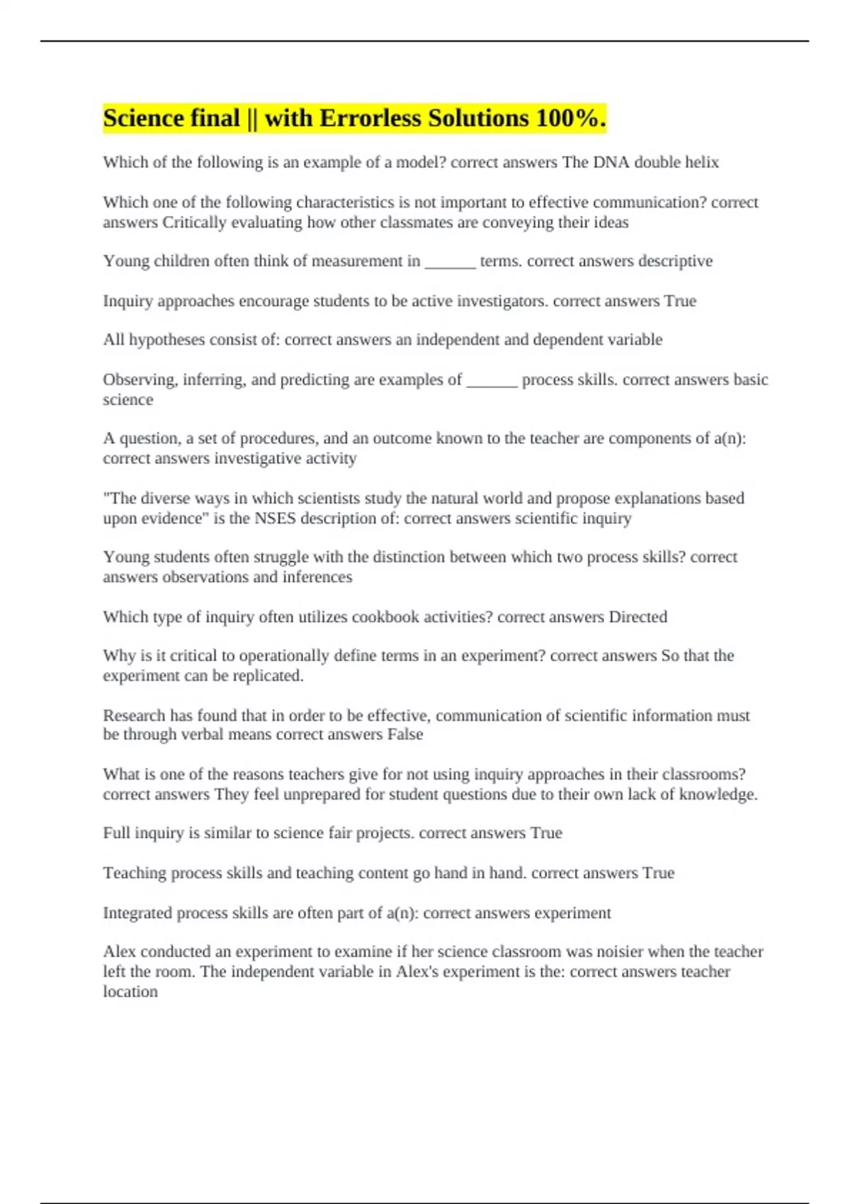 Science final || with Errorless Solutions 100%. - Science - Stuvia US