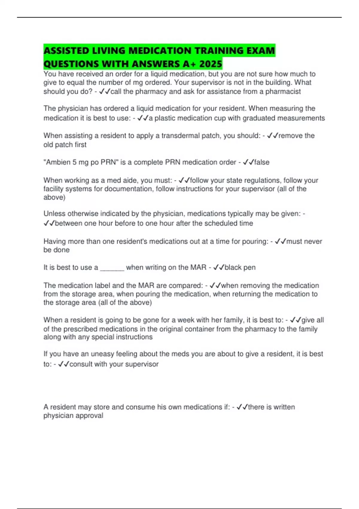 ASSISTED LIVING MEDICATION TRAINING EXAM QUESTIONS WITH ANSWERS A+ 2025 ...