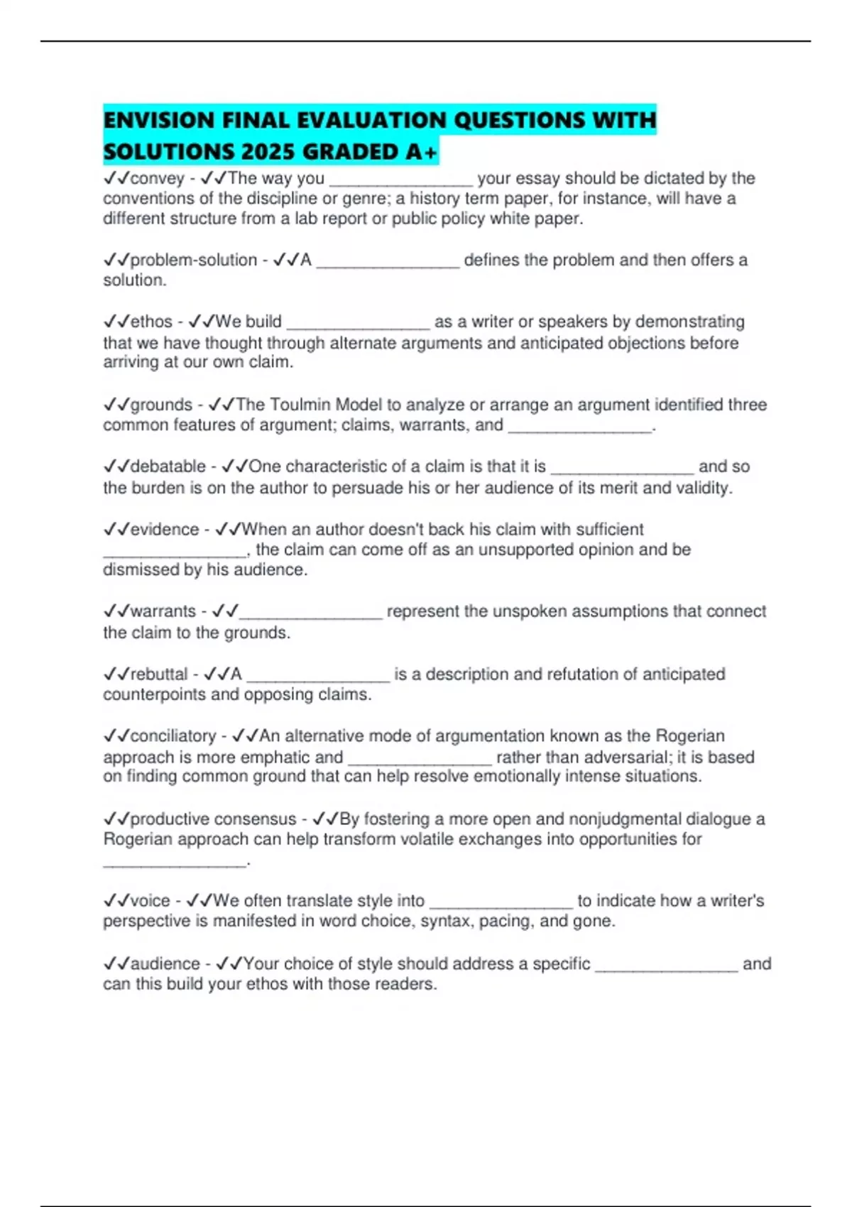 ENVISION FINAL EVALUATION QUESTIONS WITH SOLUTIONS 2025 GRADED A+ ...