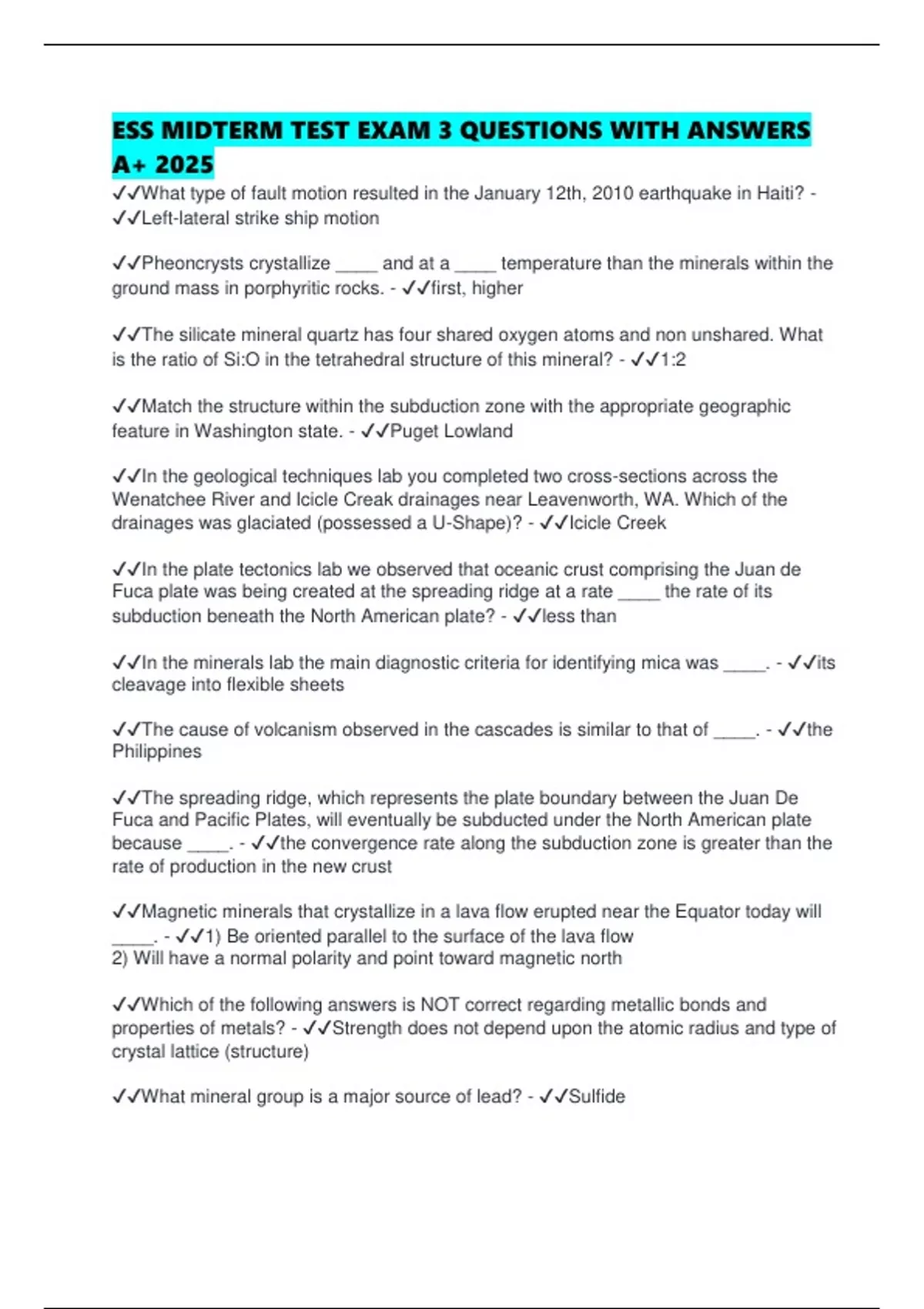 ESS MIDTERM TEST EXAM 3 QUESTIONS WITH ANSWERS A+ 2025 - ESS - Stuvia UK