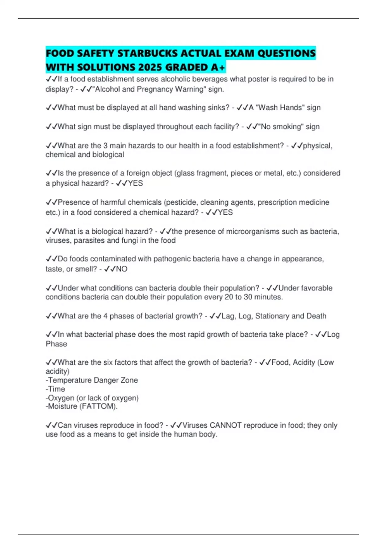 FOOD SAFETY STARBUCKS ACTUAL EXAM QUESTIONS WITH SOLUTIONS 2025 GRADED ...