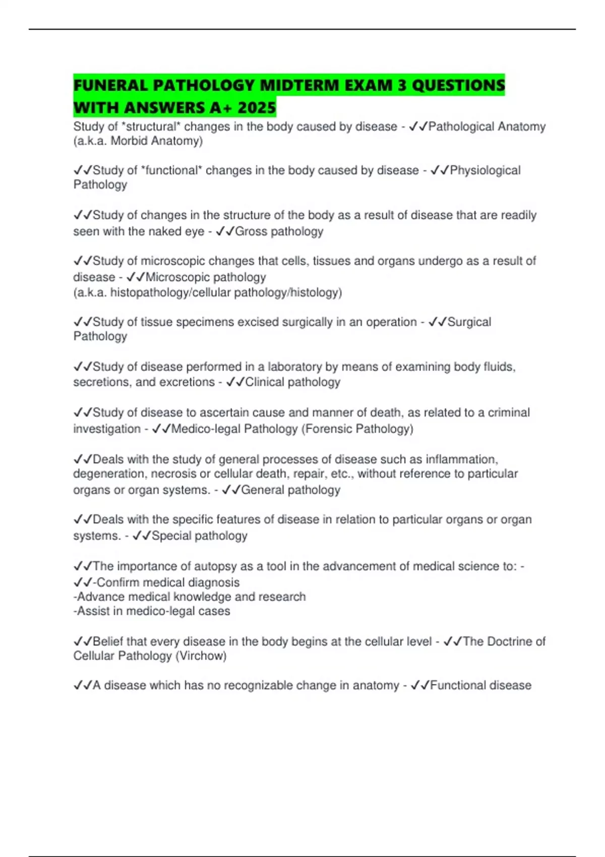 FUNERAL PATHOLOGY MIDTERM EXAM 3 QUESTIONS WITH ANSWERS A+ 2025 - Funeral Sevice - Stuvia US