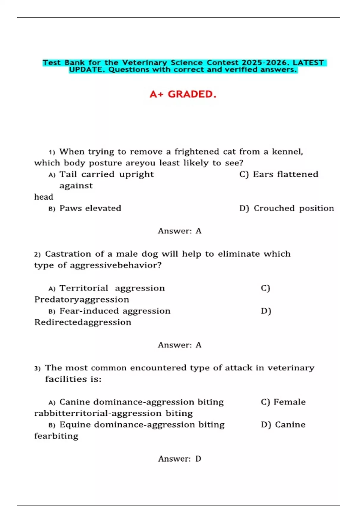 Test Bank for the Veterinary Science Contest . LATEST UPDATE. Questions ...