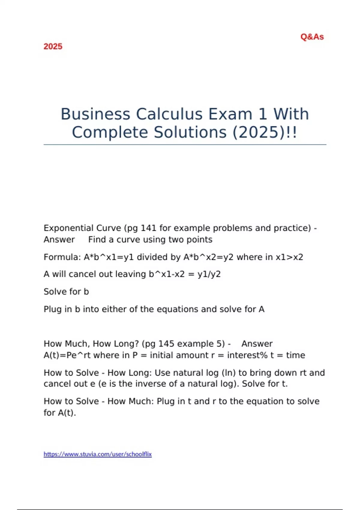 Business Calculus Exam 1 With Complete Solutions (2025)!! - Precalculus ...