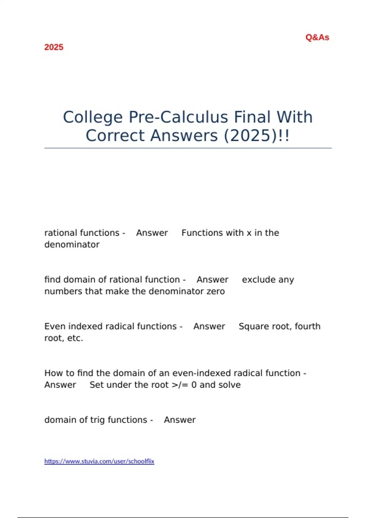 College Pre-Calculus Final With Correct Answers (2025)!! - Precalculus ...