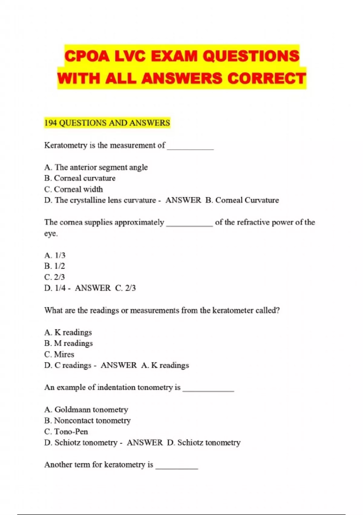 CPOA LVC EXAM QUESTIONS WITH ALL ANSWERS CORRECT - CPOA LVC - Stuvia US