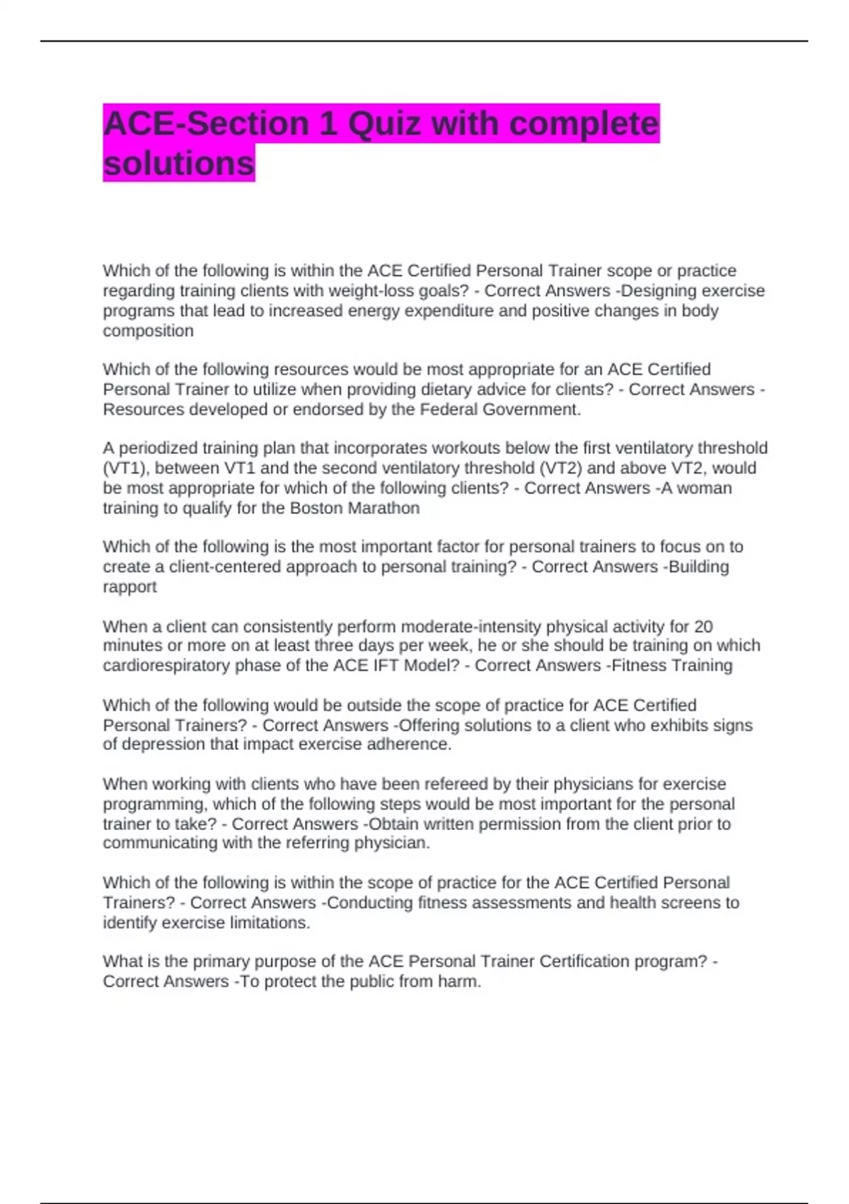 ACE-Section 1 Quiz with complete solutions - ACE - Stuvia US