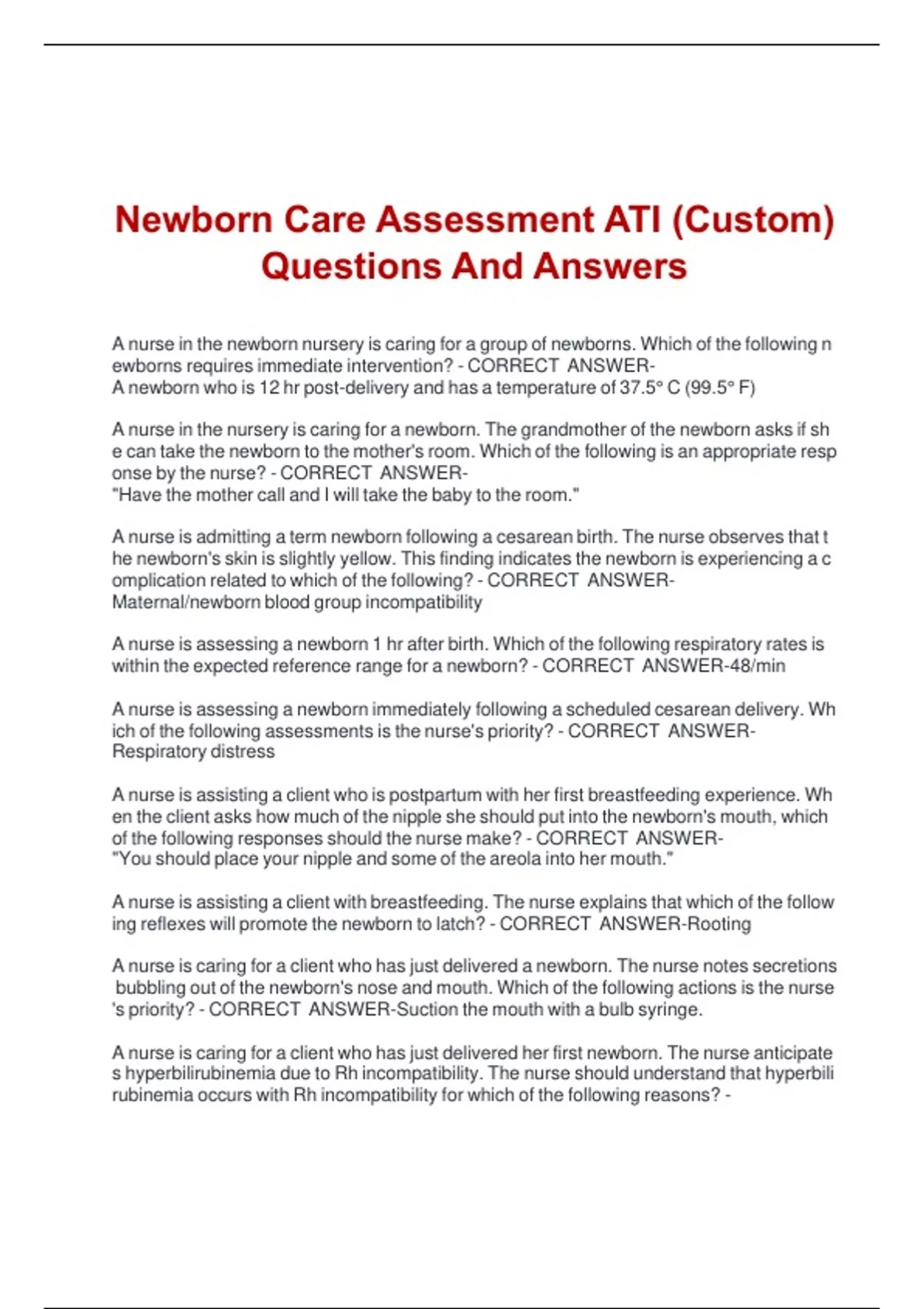 Newborn Care Assessment ATI (Custom) Questions And Answers - Newborn ...