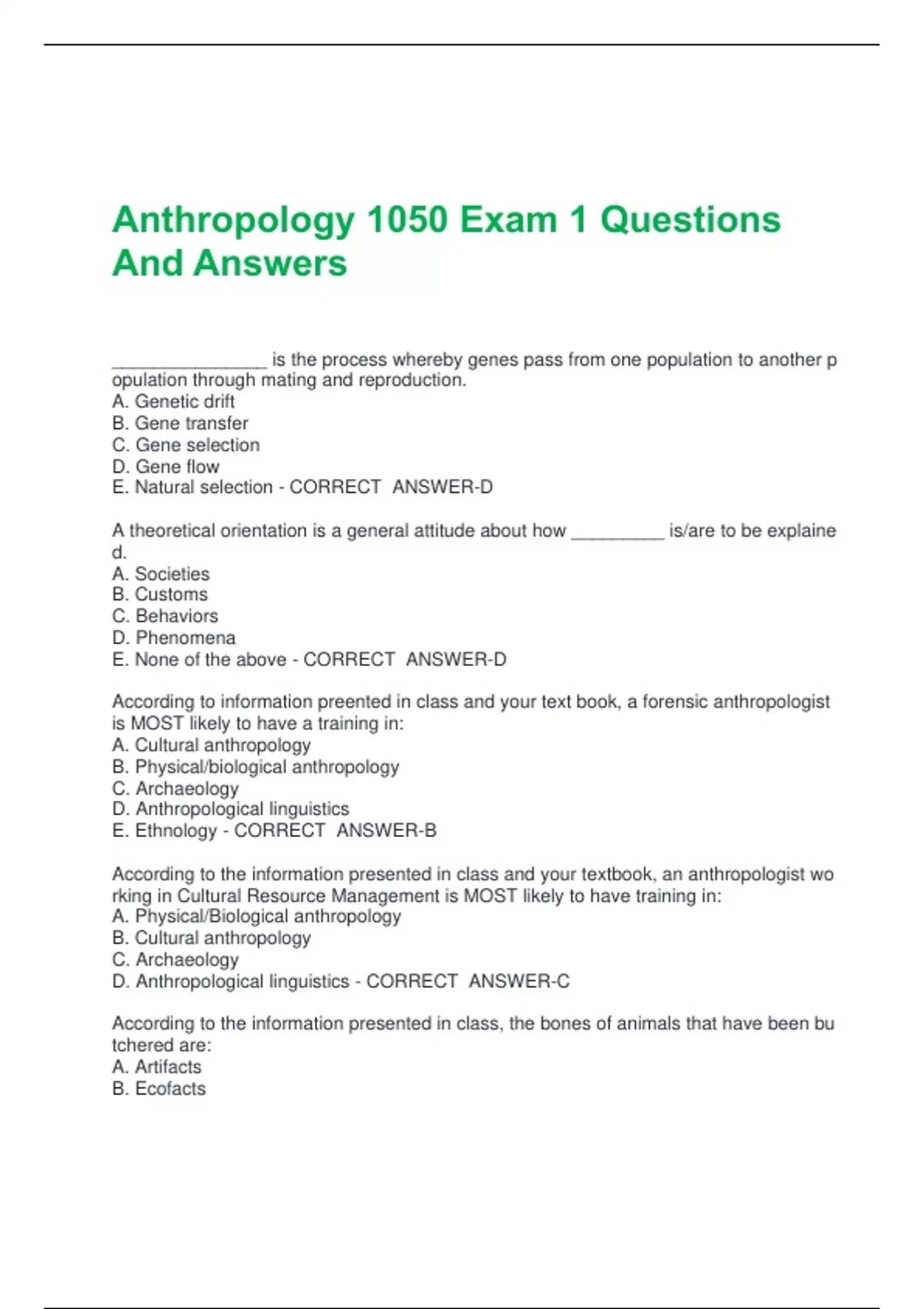 Anthropology 1050 Exam 1 Questions And Answers - Anthropology 1050 ...