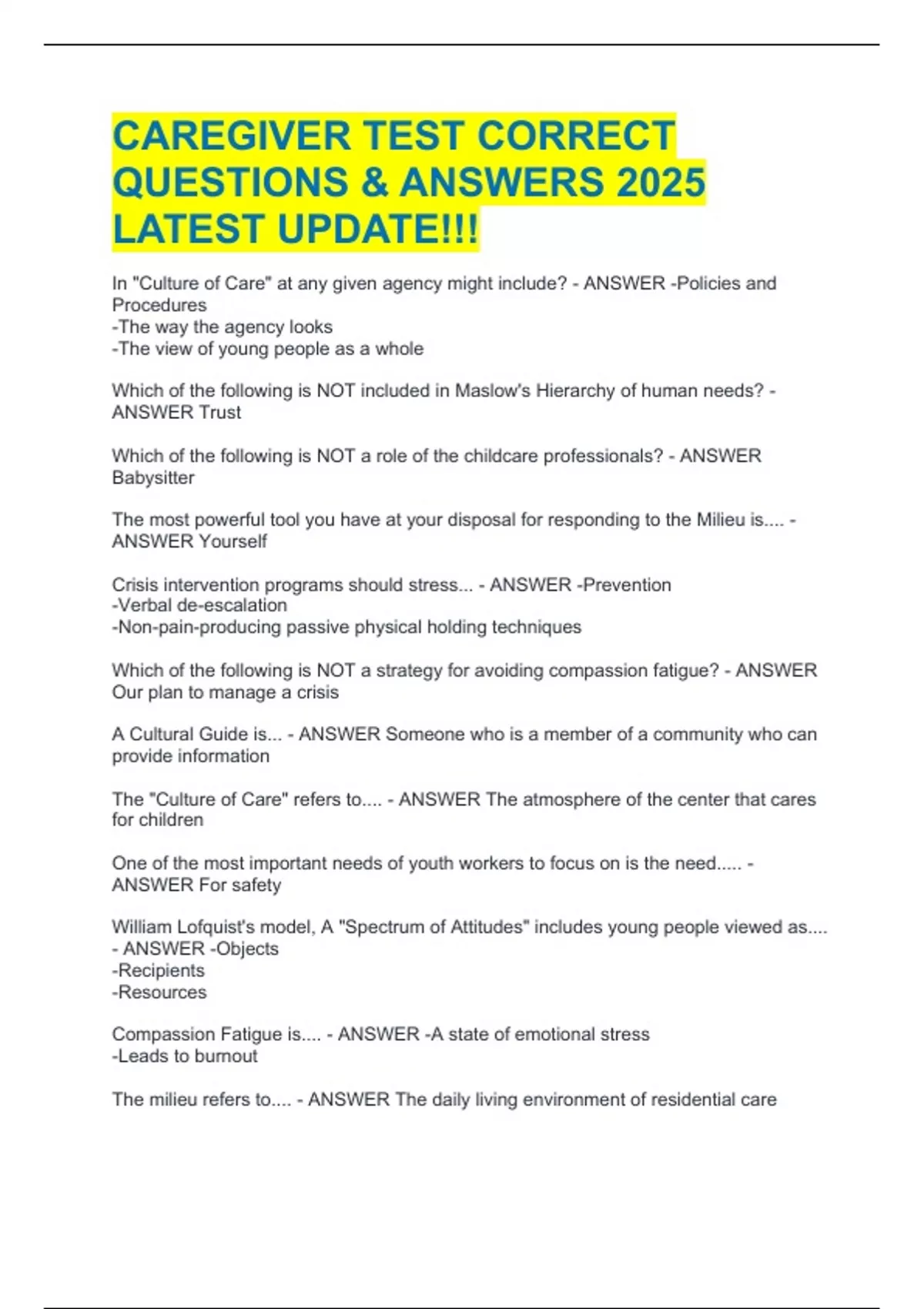 CAREGIVER TEST CORRECT QUESTIONS & ANSWERS 2025 LATEST UPDATE ...