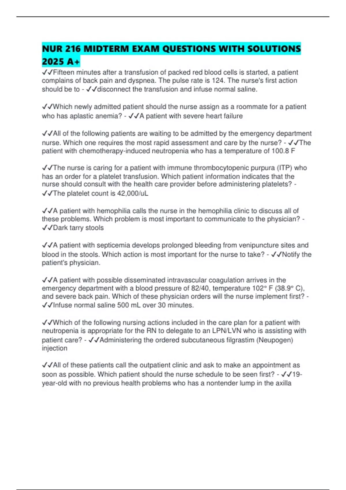 NUR 216 MIDTERM EXAM QUESTIONS WITH SOLUTIONS 2025 A+ - NUR 216 - Stuvia US