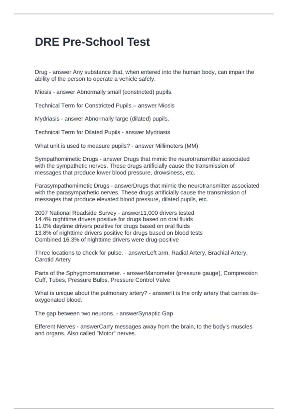 DRE Pre-School Test Questions and Answers - DRE - Stuvia US