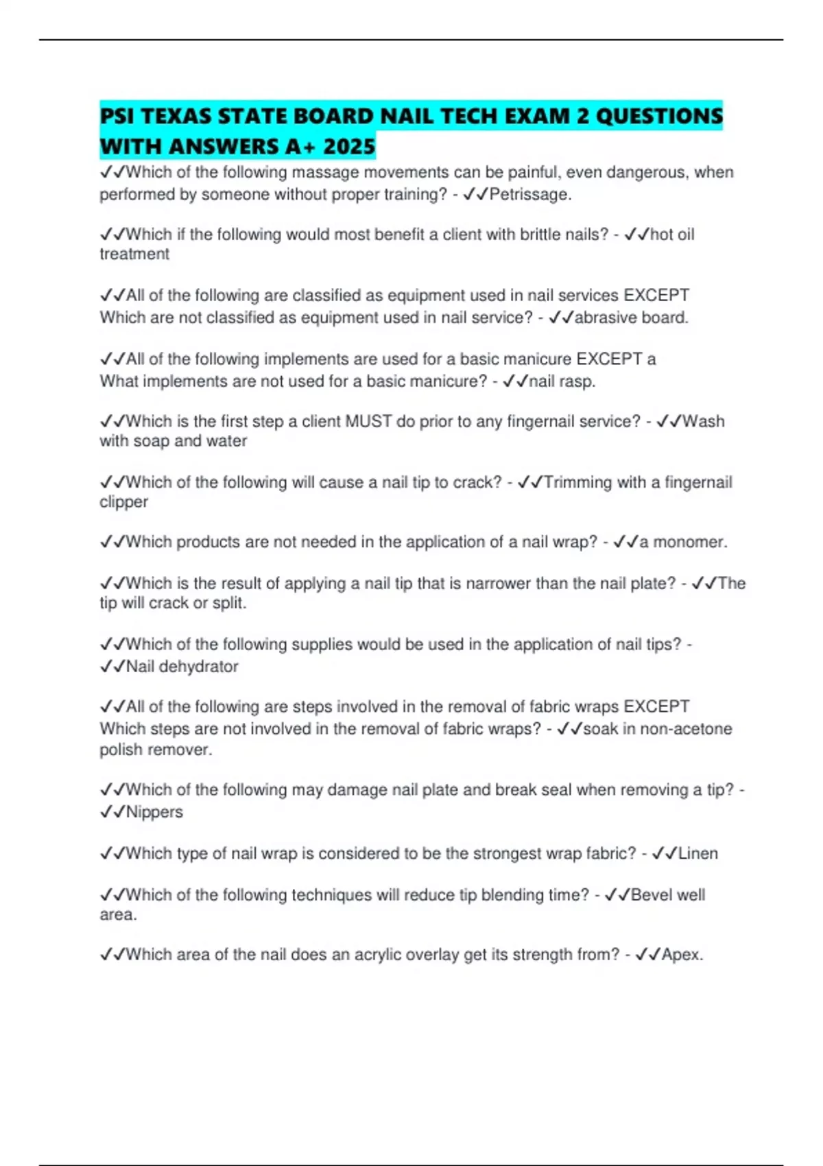 PSI TEXAS STATE BOARD NAIL TECH EXAM 2 QUESTIONS WITH ANSWERS A+ 2025 ...