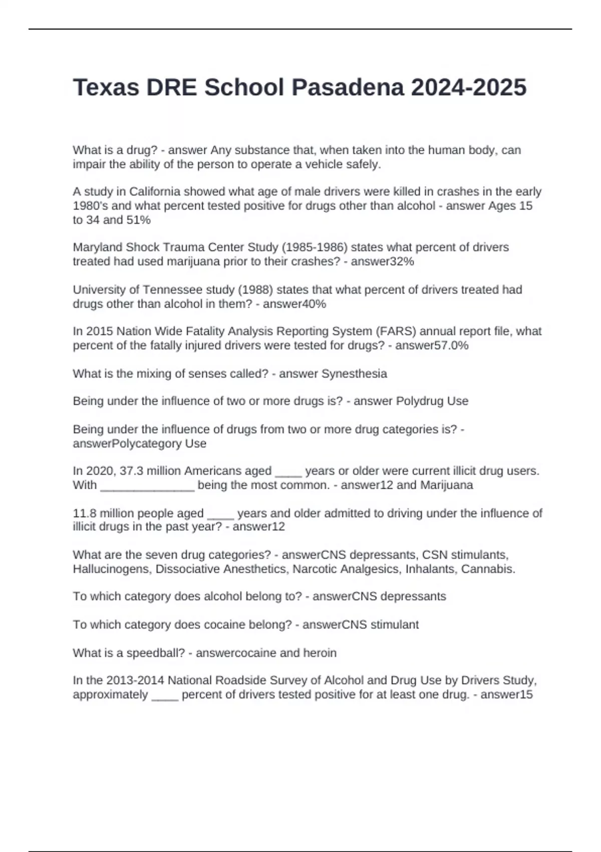 Texas DRE School Pasadena Questions and Answers Correct - DRE - Stuvia US