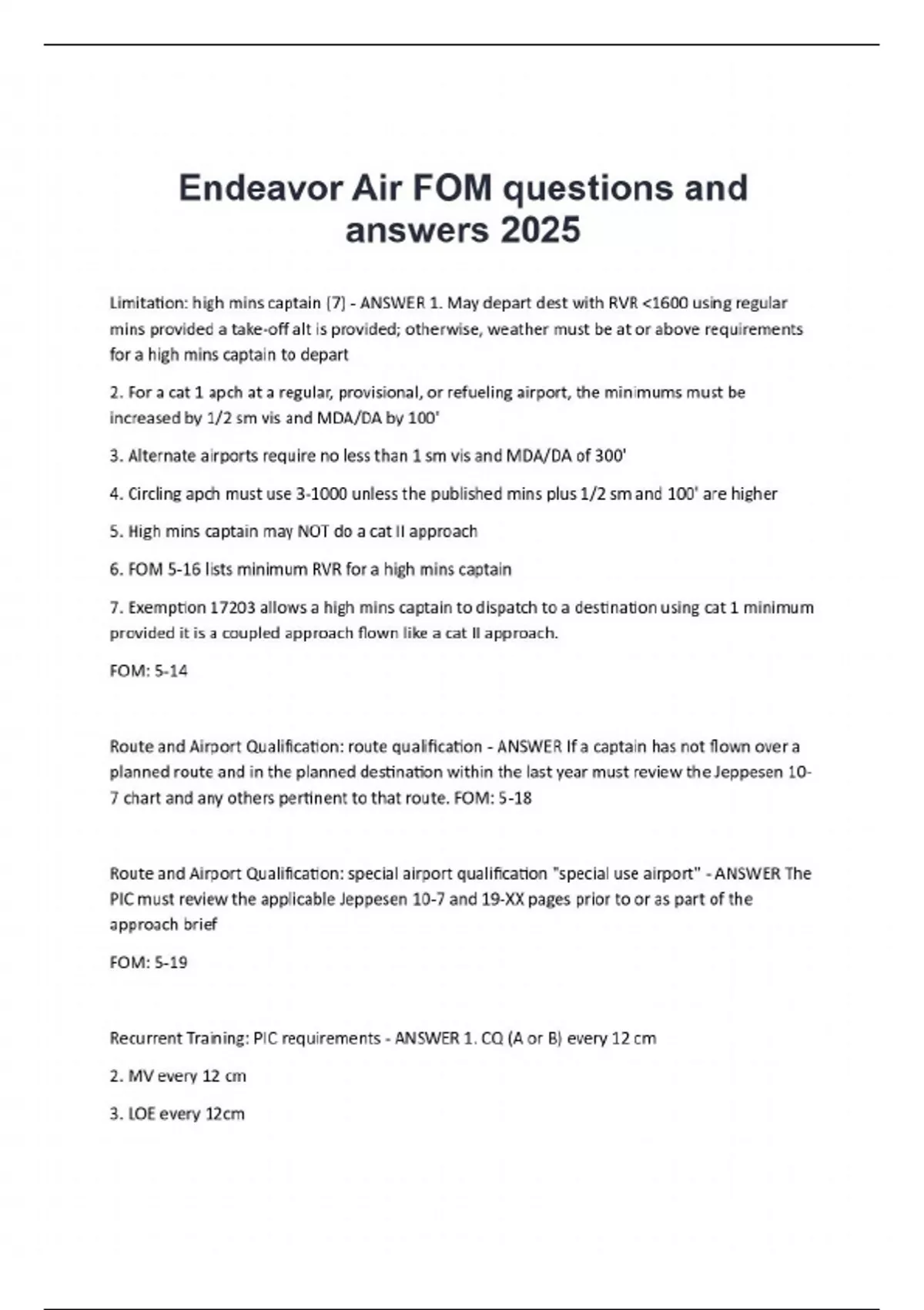 Endeavor Air FOM questions and answers 2025 - ENDEAVOR - Stuvia US