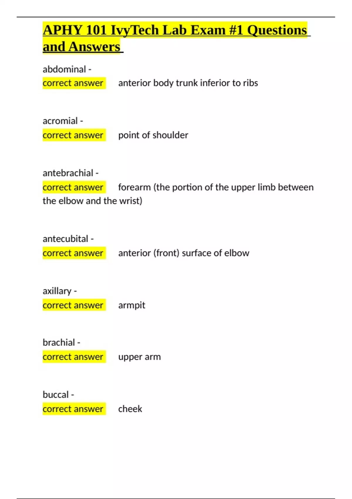 APHY 101 IvyTech Lab Exam -1 Questions and Answers.docx - Aphy. - Stuvia US