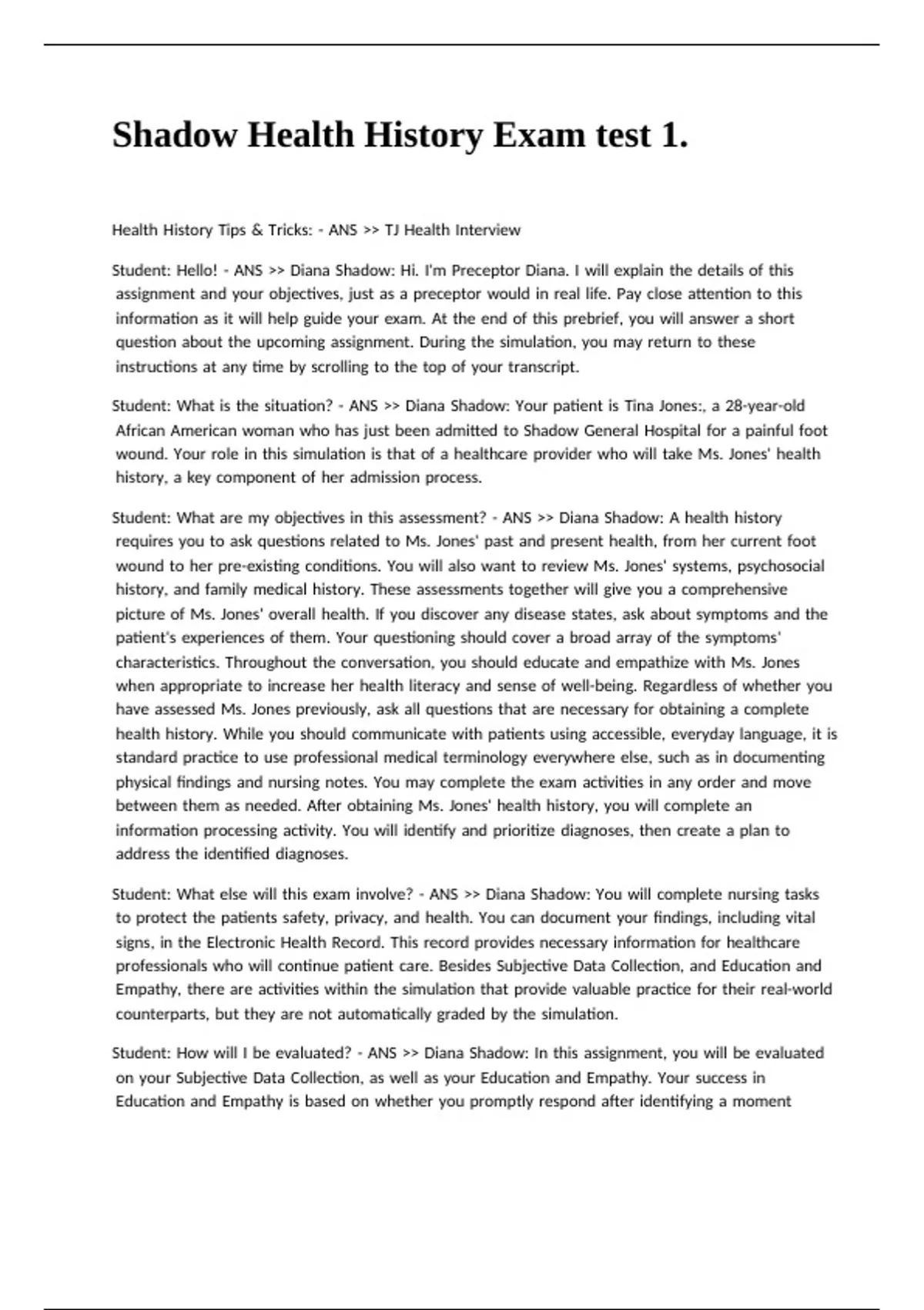 Shadow Health History Exam test 1..docx - Shadow health - Stuvia US