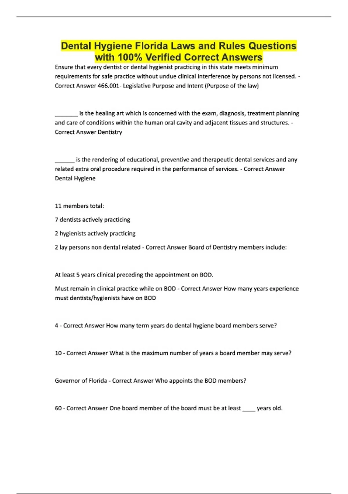 Dental Hygiene Florida Laws and Rules Questions with 100% Verified ...