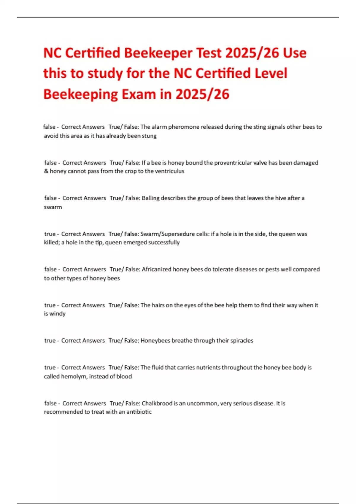 NC Certified Beekeeper Test 2025/26 Use this to study for the NC ...