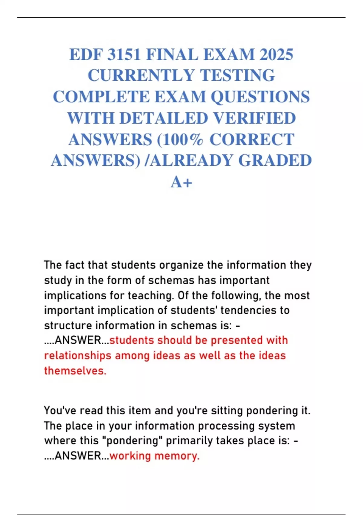 EDF 3151 FINAL EXAM 2025 CURRENTLY TESTING COMPLETE EXAM QUESTIONS WITH ...