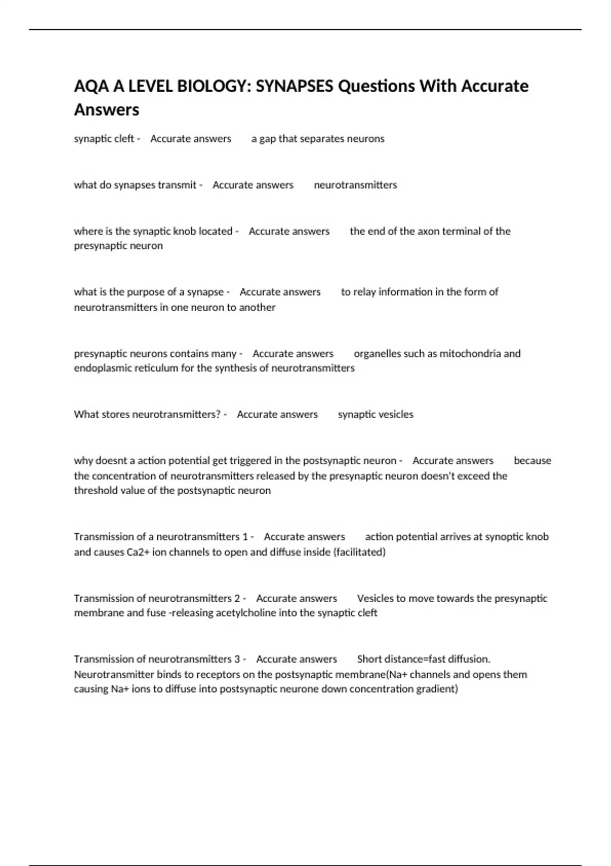 AQA A LEVEL BIOLOGY: SYNAPSES Questions With Accurate Answers - AQA ...